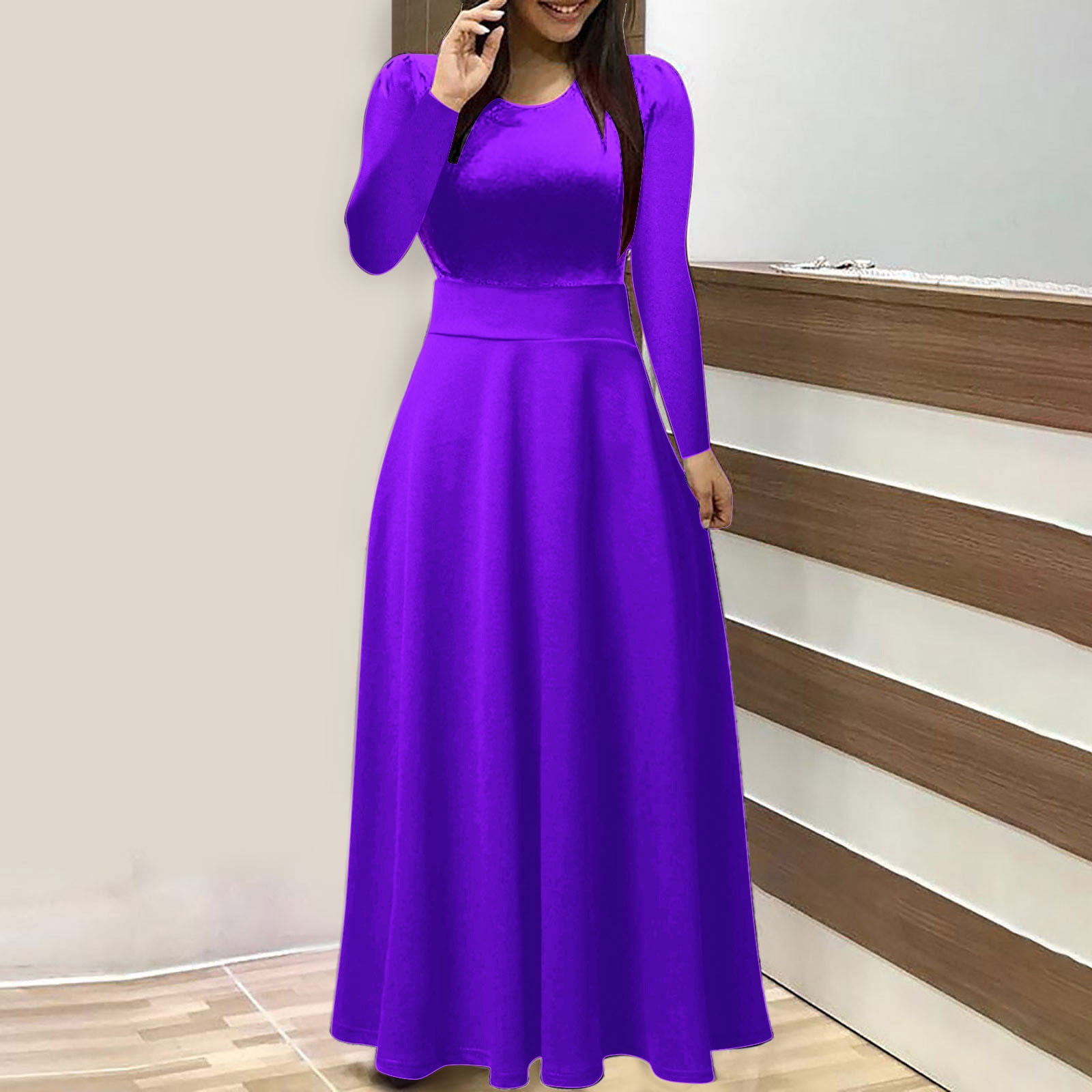 Dwaogom Women's Solid Colorful Long Dress Long Sleeve Round-Neck Long ...