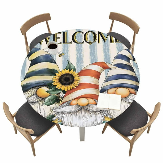 Dwarf Sunflower Round Fitted Tablecloth with Elastic Edge Bee Retro ...