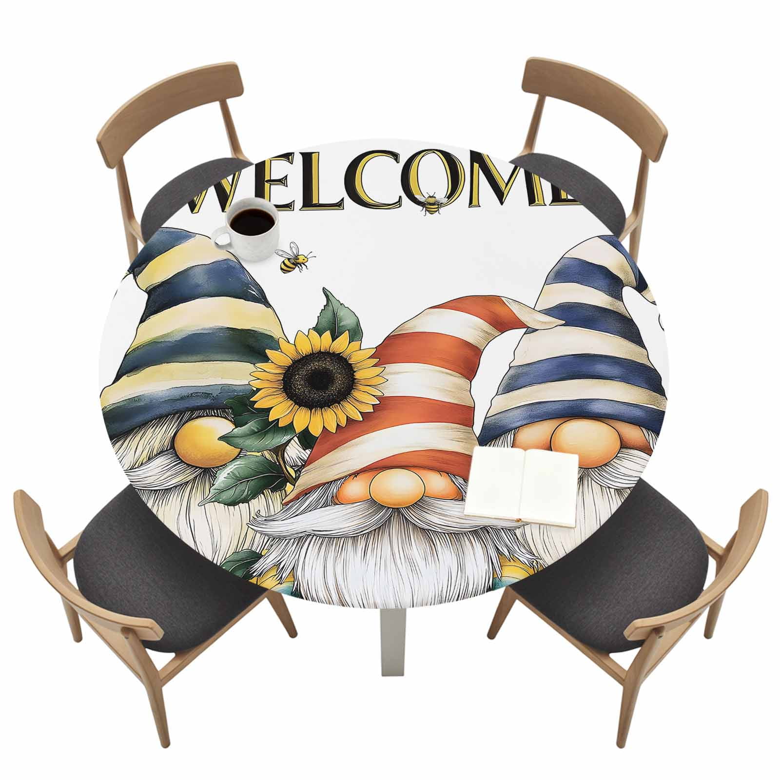 Dwarf Sunflower Round Fitted Tablecloth with Elastic Edge Bee Retro ...