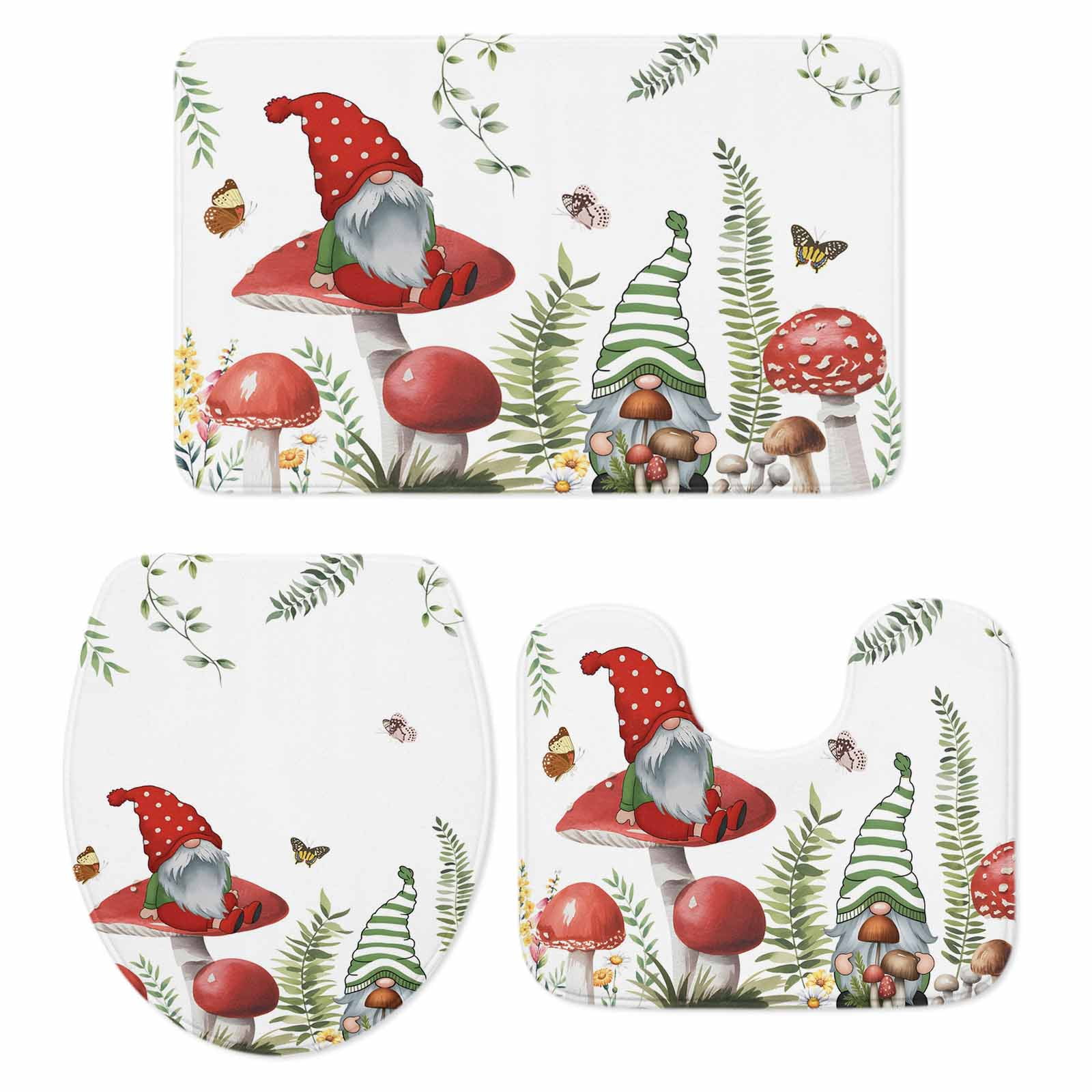 Dwarfs Mushrooms Bathroom Rugs Set Spring Plant Leaf Butterfly Non Slip ...