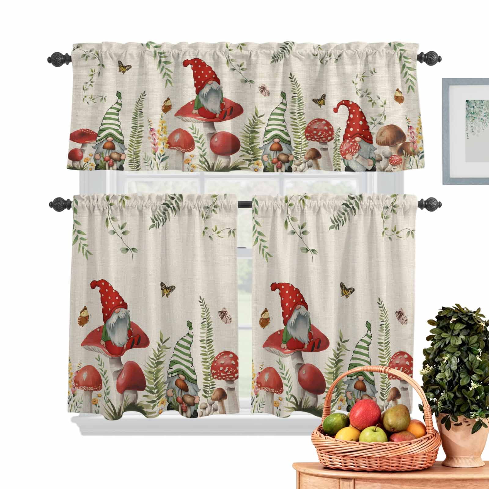 Dwarfs Mushrooms Kitchen Curtains Valances 3 Piece Set, Spring Plant ...