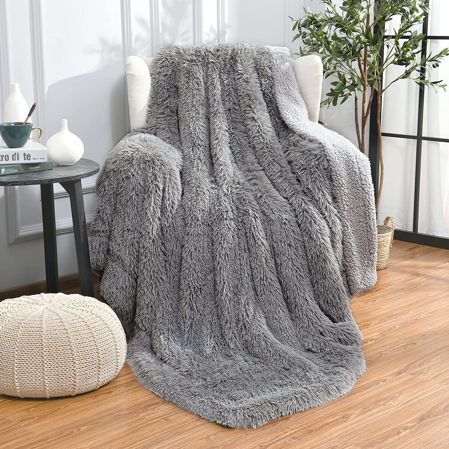 DweIke Fluffy Bed Multipurpose Sofa Shaggy Throw Blanket with Sherpa ...