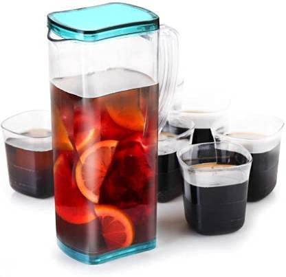 Dweezhet Square Water Jug Pitcher with Lid and 6 Pieces Glass Set ...
