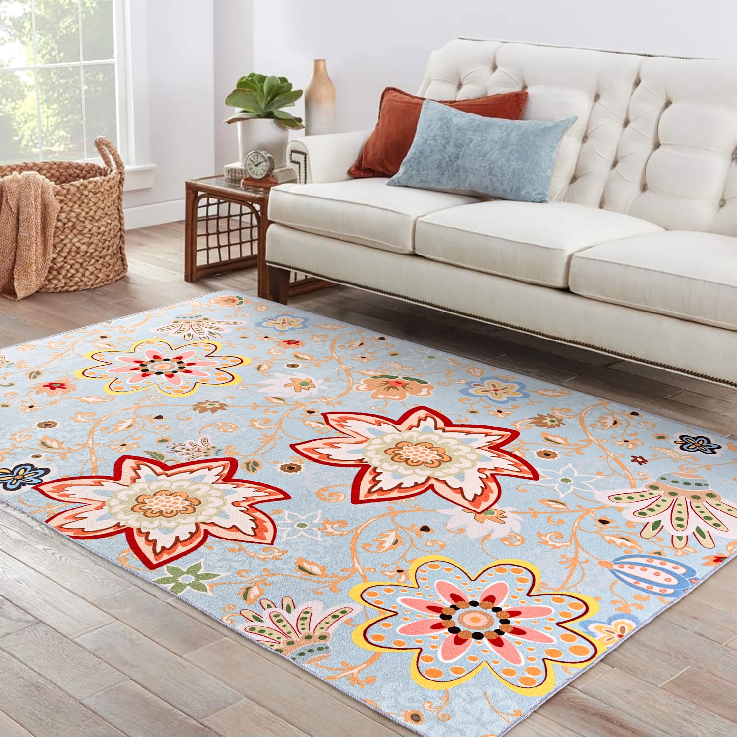 Dwelke Modern Floral Area Rug Washable Rug Non-Slip Colorful Vintage ...