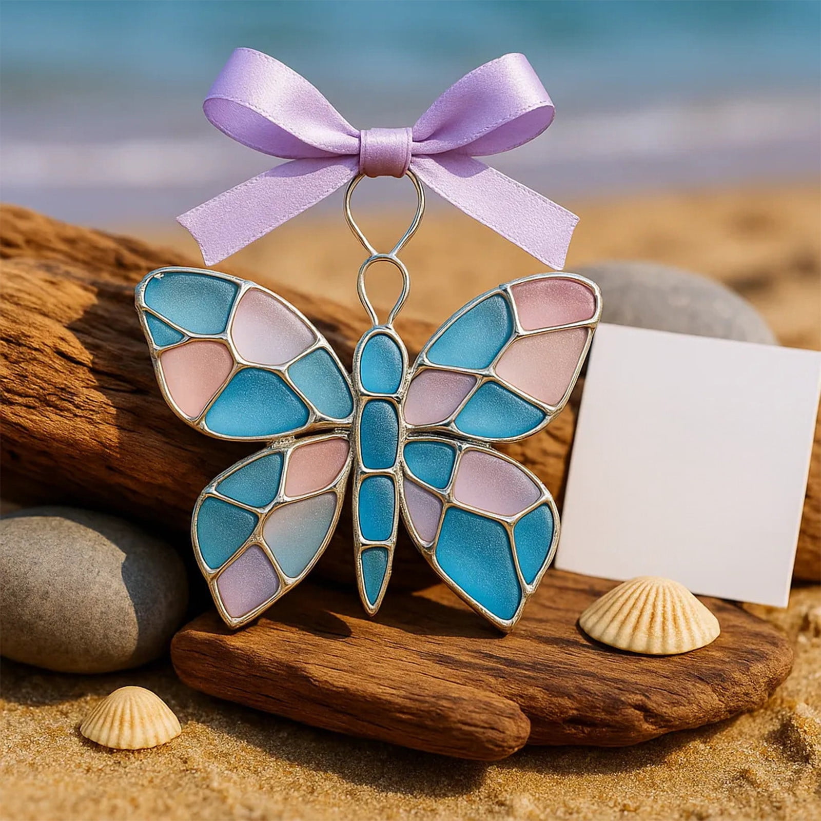 DwellJoy Blue Bow Ribbon Metal Twisted Wire Sea Glass Pendant Christmas ...