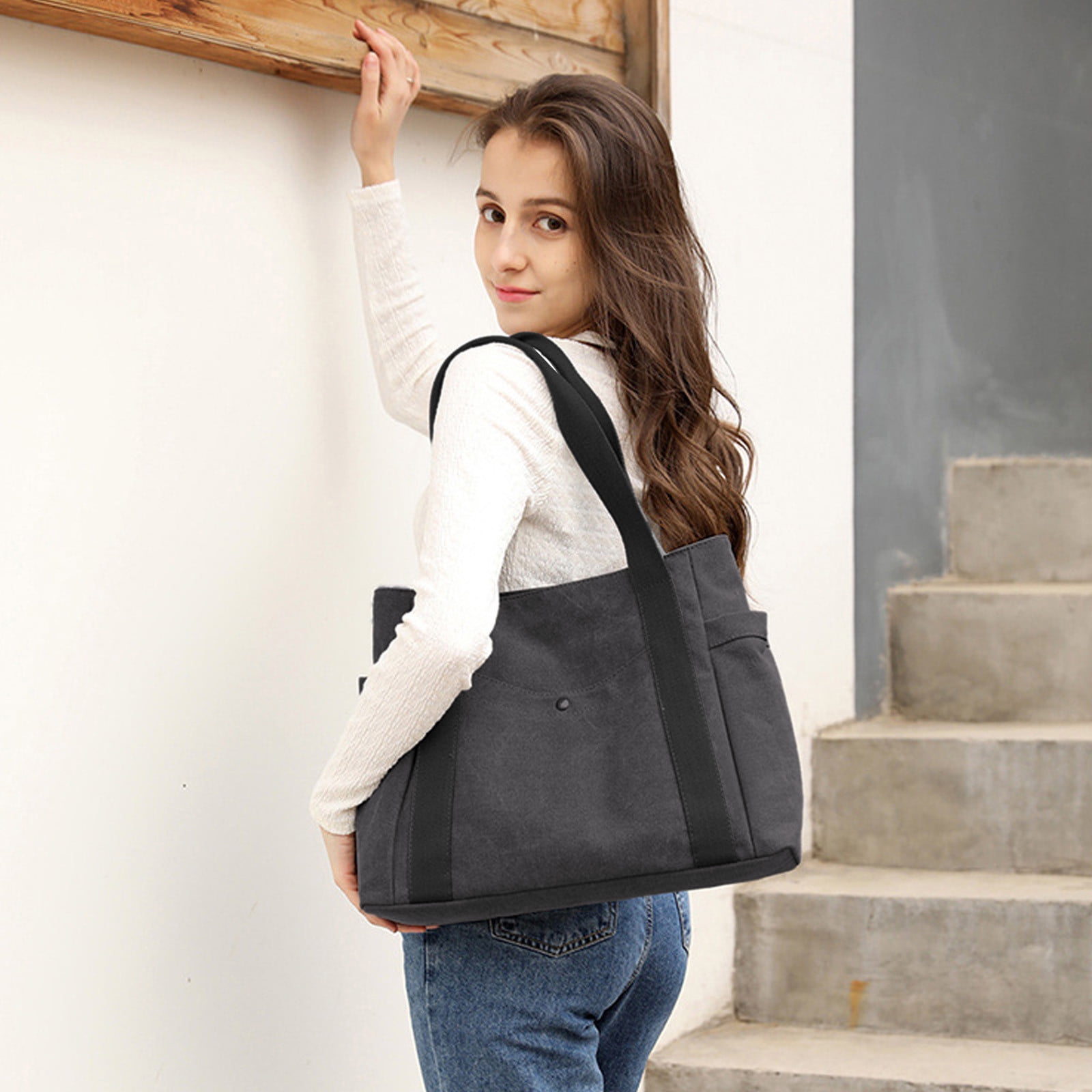 DwellJoy Durable Premium Canvas Tote Bag for Work & Travel - Large 21.6 Laptop Carryall with ...