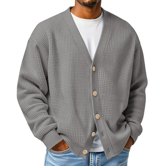 Dwelliawo Cardigan Men Waffle Textured Long Sleeve Sweater Fall Spring ...