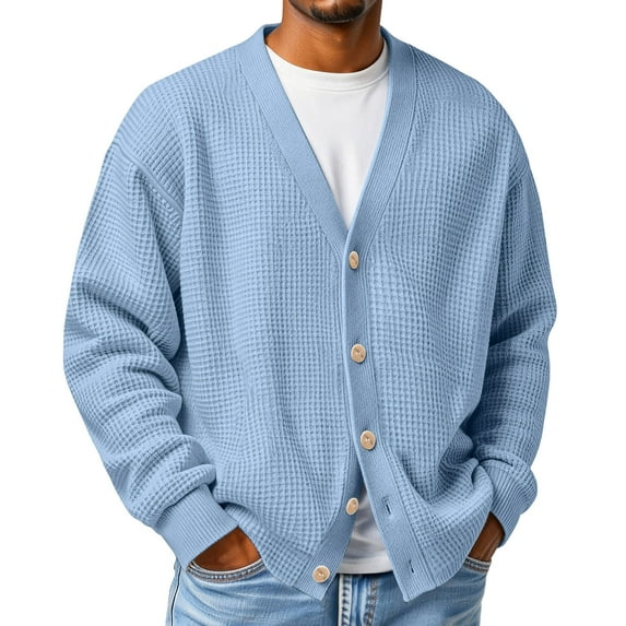 Dwelliawo Cardigan Sweaters for Men Waffle Knit Long Sleeve Sweater ...