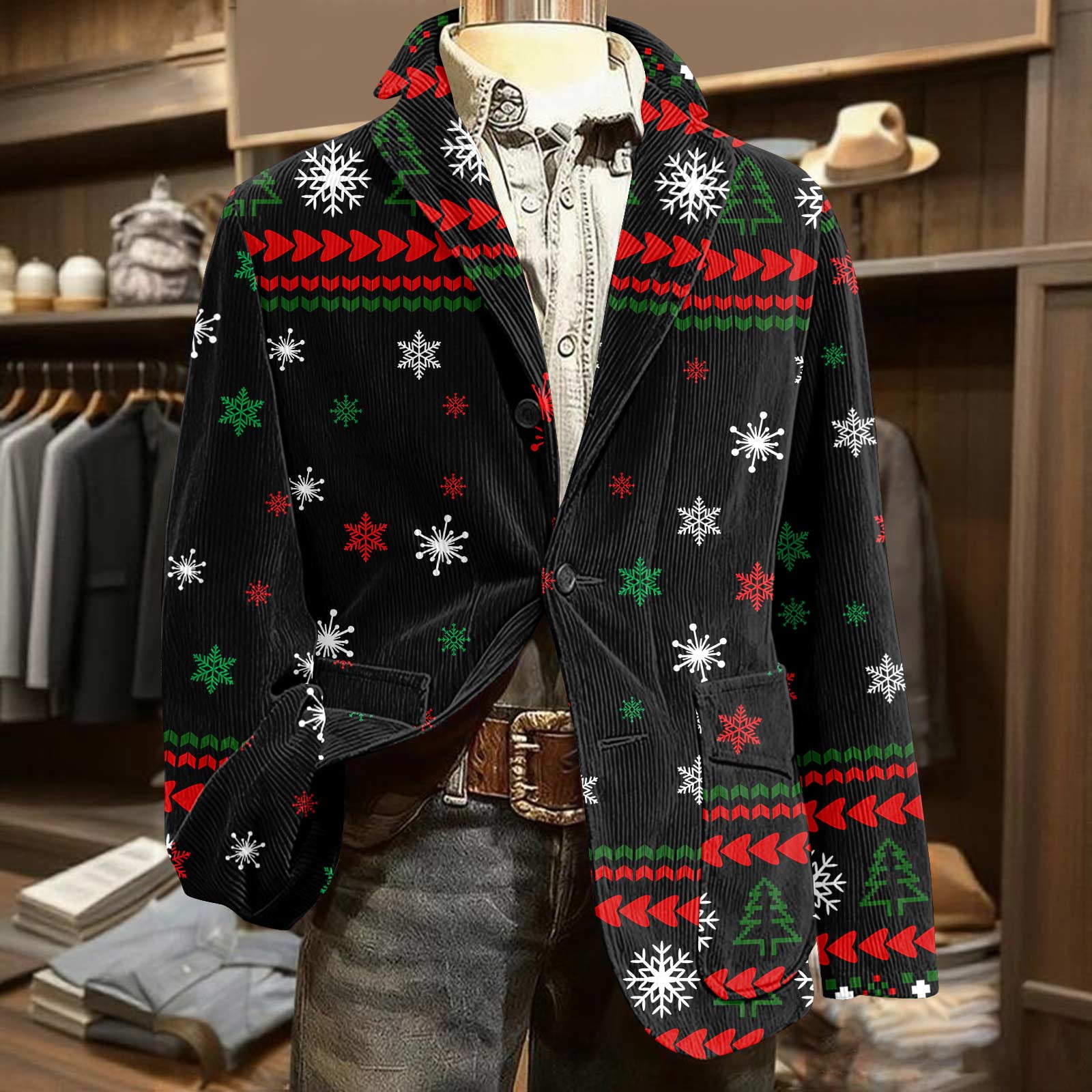 Dwelliawo Christmas Blazer for Men Tree Print Xmas Print Suit One ...