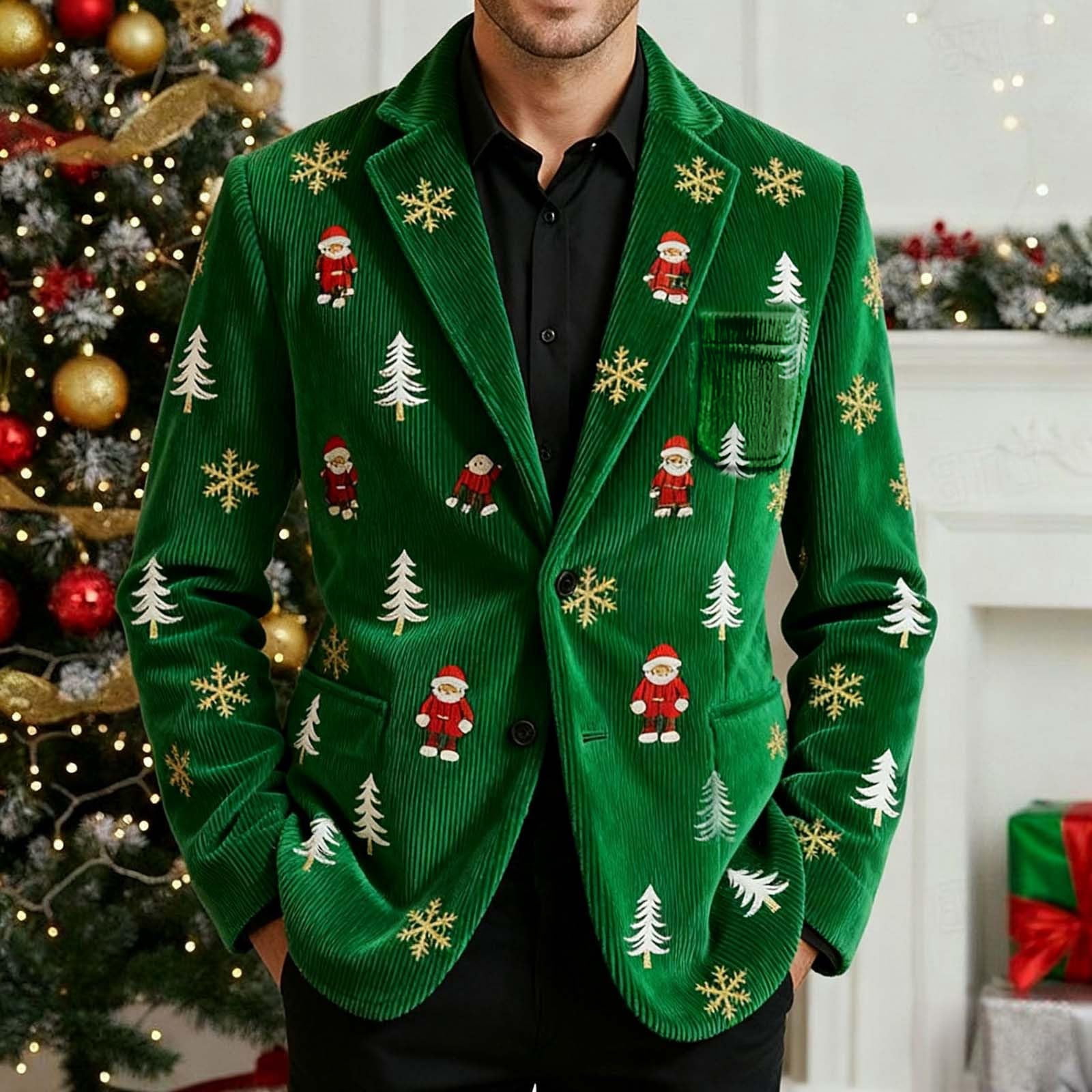 Dwelliawo Christmas Blazer for Men Ugly Xmas Print Suit Corduroy One ...