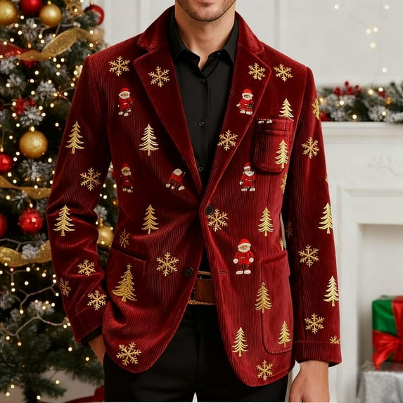 Dwelliawo Christmas Blazer for Men Ugly Xmas Print Suits Corduroy ...