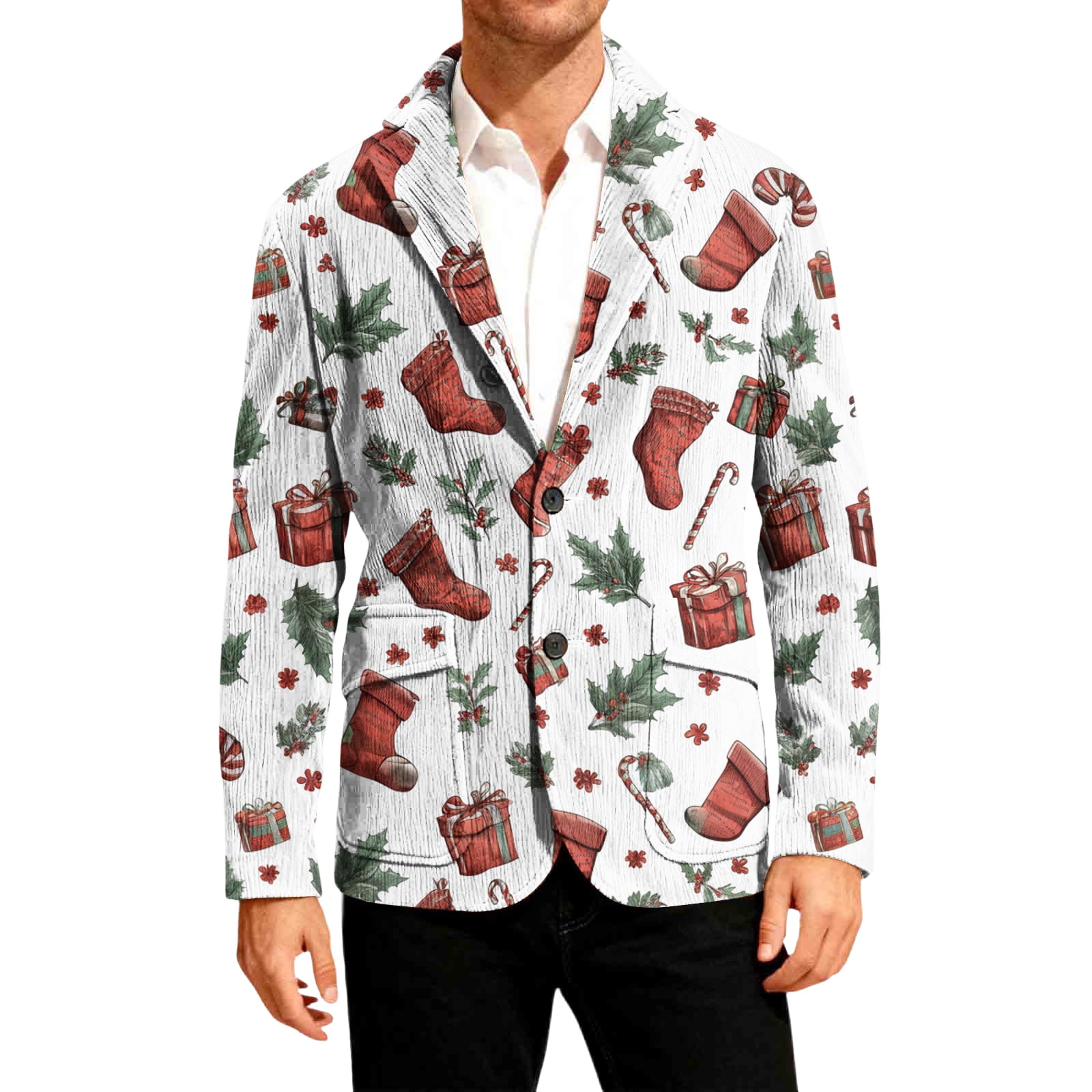 Dwelliawo Christmas Corduroy Blazer for Men Tree Print Xmas Print Suits ...