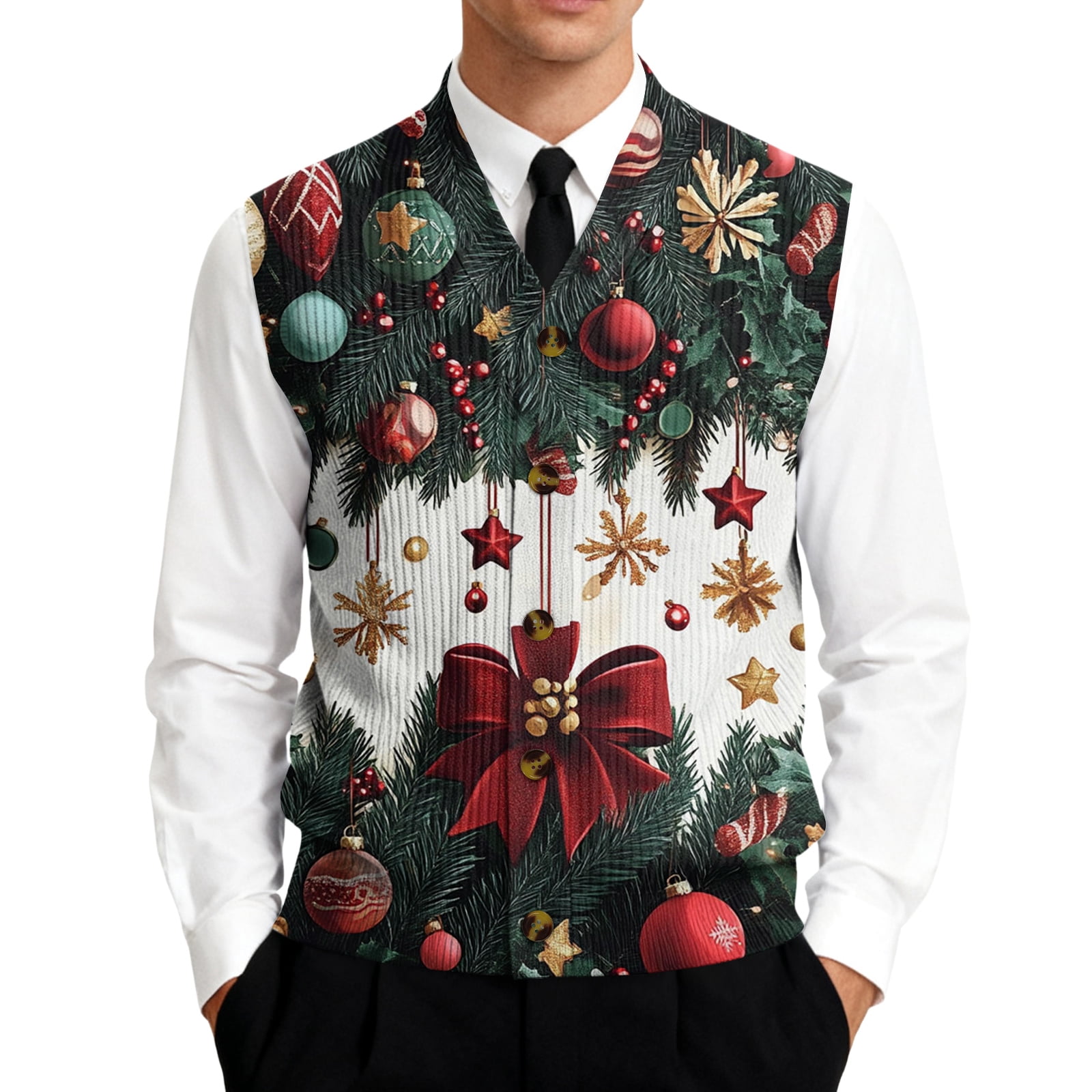 Dwelliawo Christmas Mens Sweater Vest Formal V Neck Sleeveless Xmas ...