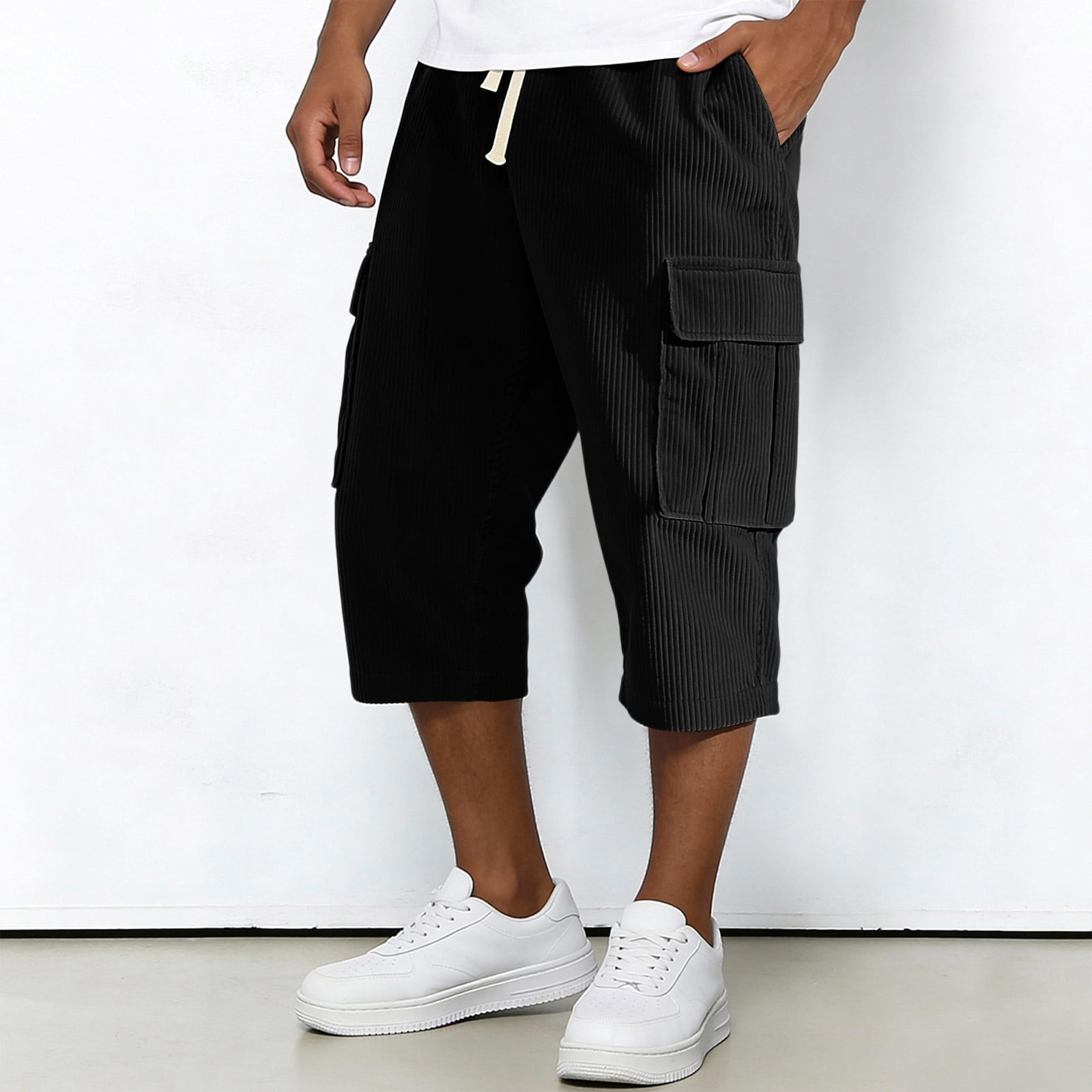 Dwelliawo Corduroy Long Cargo Shorts for Men Summer Capri Shorts Below ...