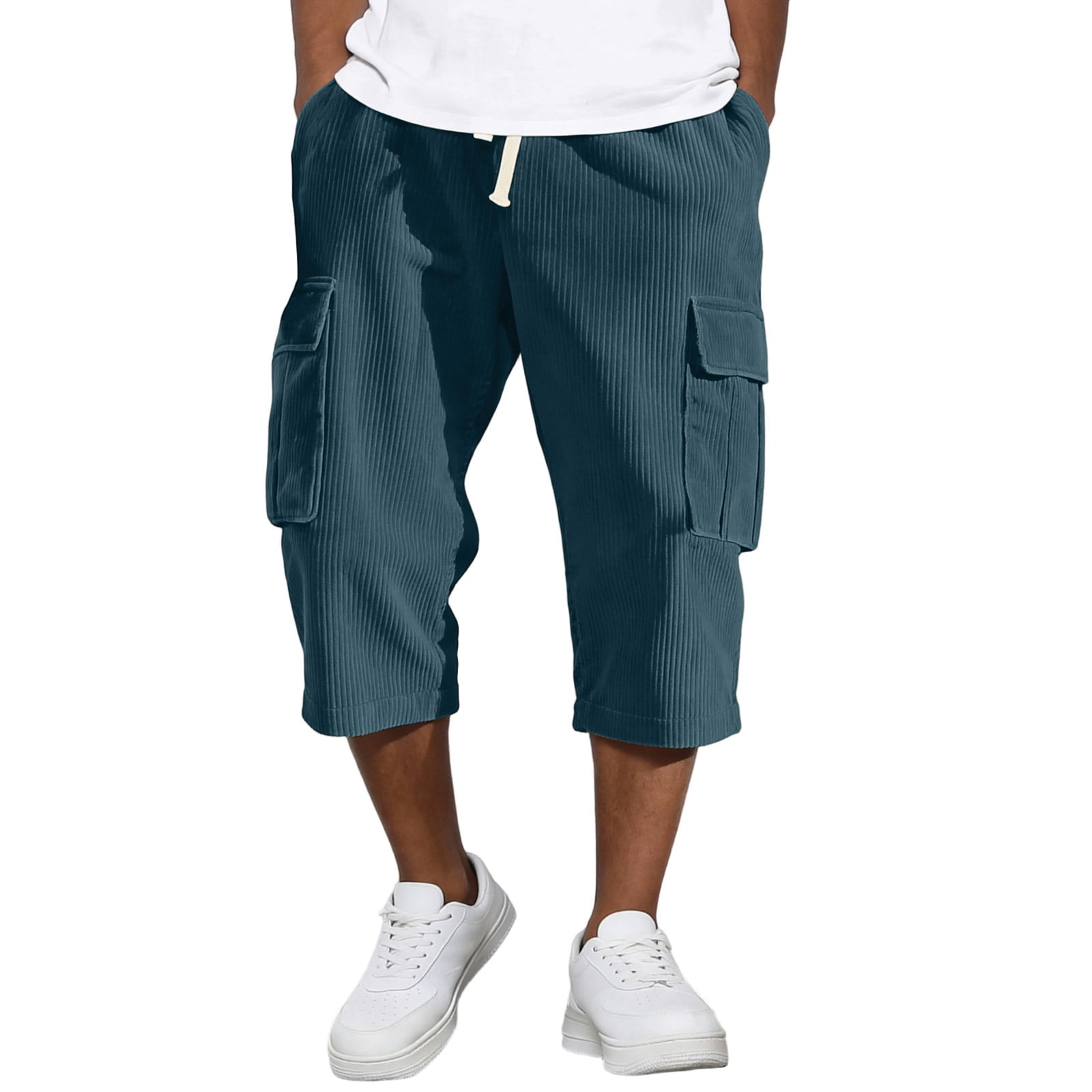 Dwelliawo Corduroy Men's Capri Long Elastic Cargo Shorts Summer Elastic ...
