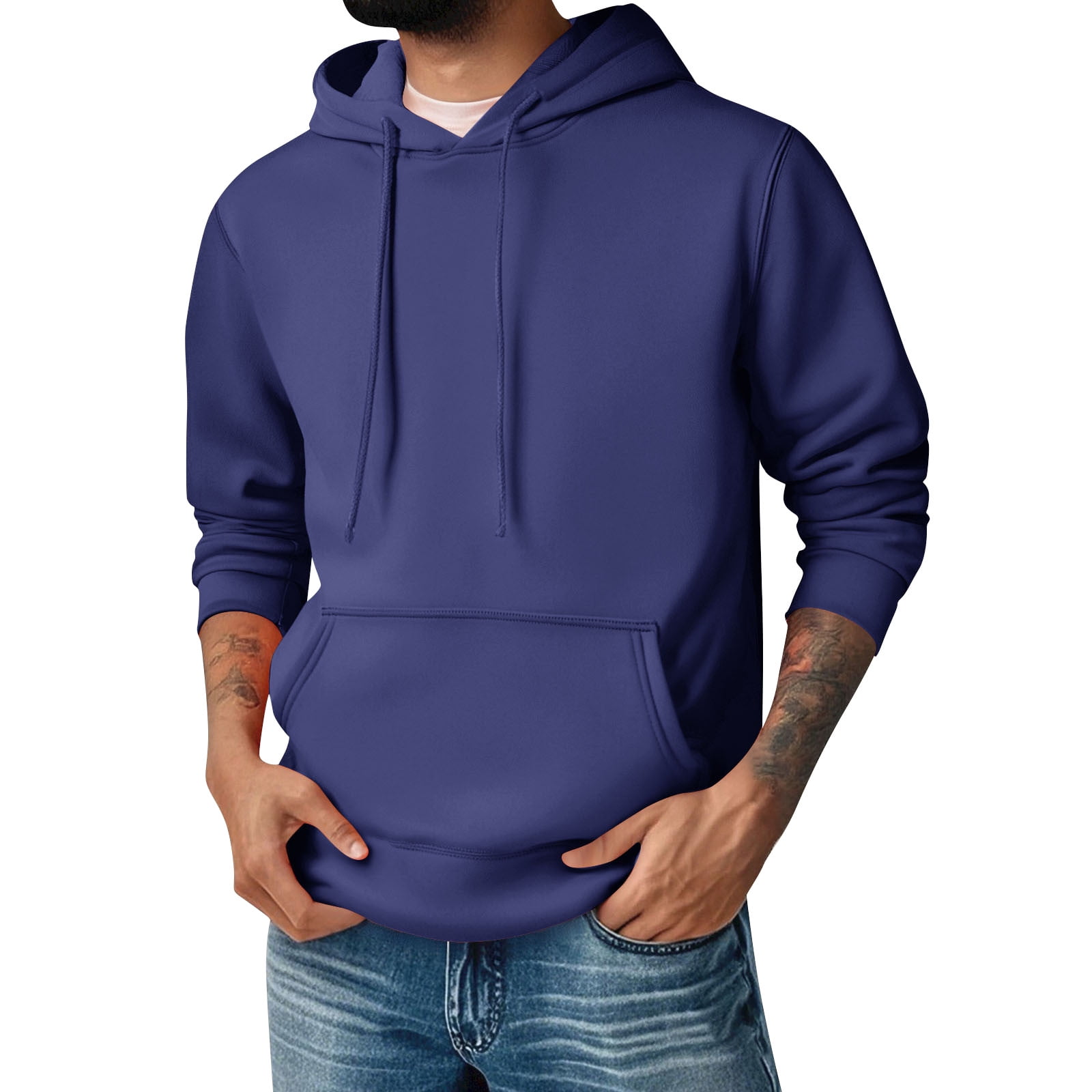 Dwelliawo Dark Blue Hoodie Men Essentials Oversized Fleece Hoodie with ...