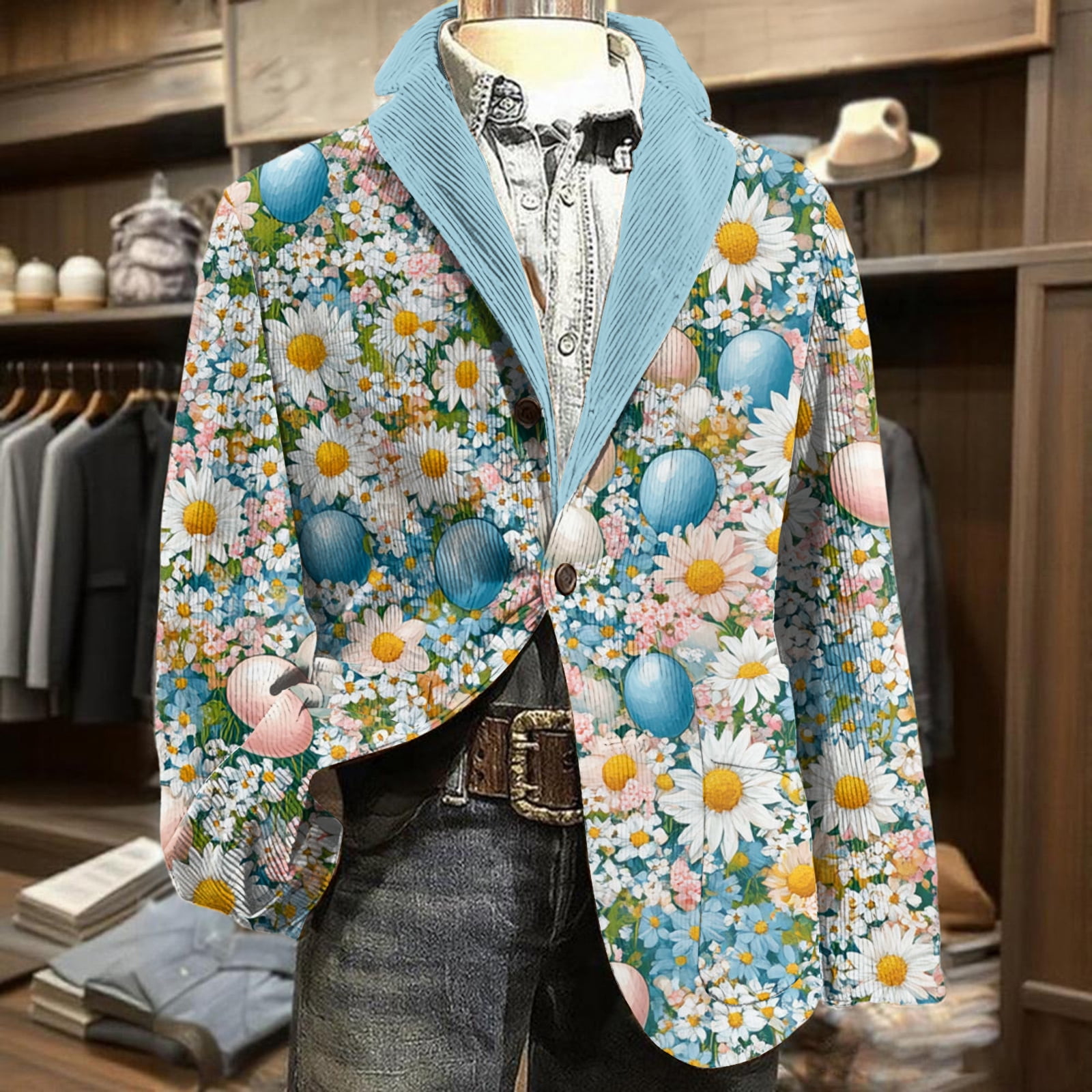 Dwelliawo Easter Mens Corduroy Blazer Casual Graphic Printed Wear Long ...