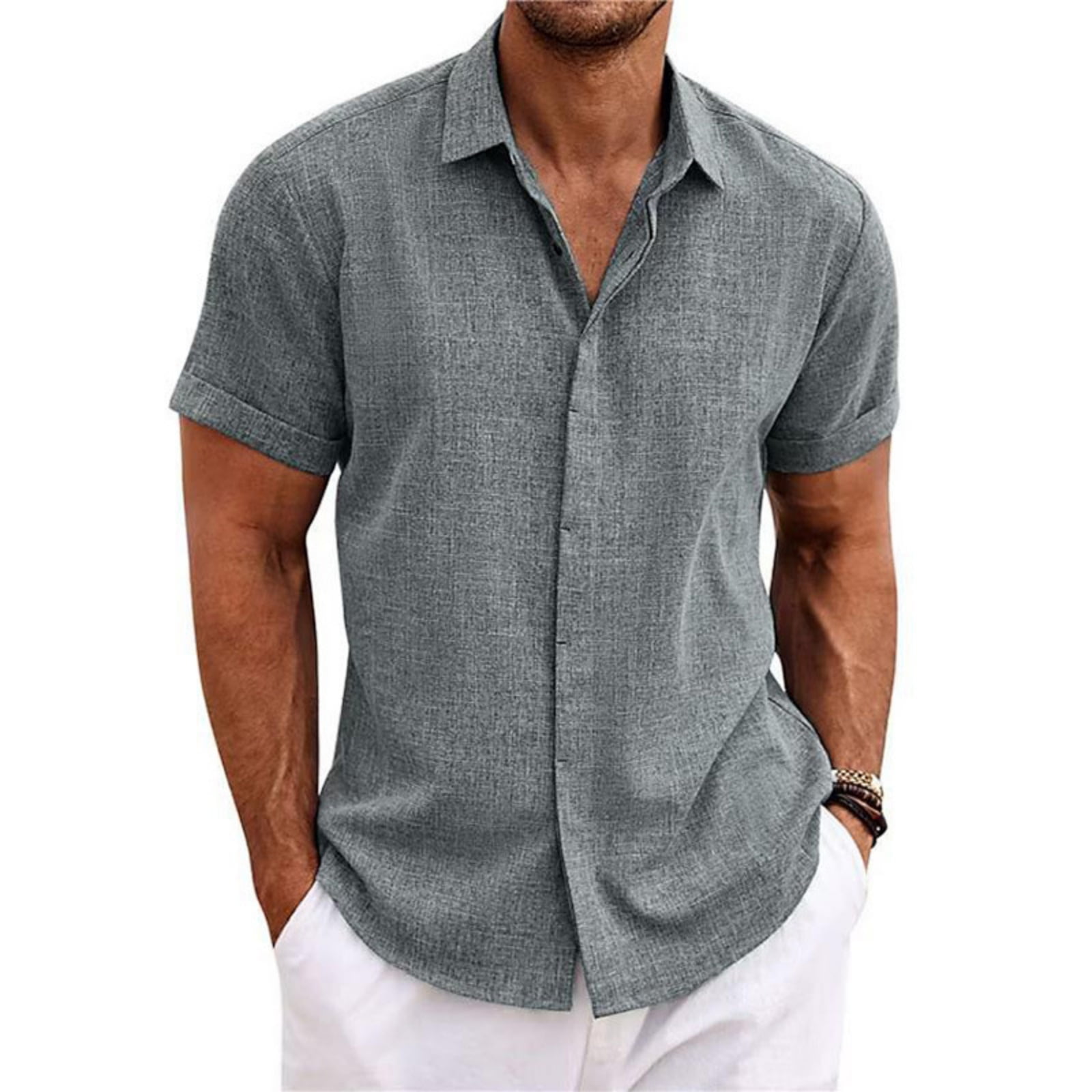 Dwelliawo Linen Shirt for Men Lightweight Beach Dress Shirt Short ...