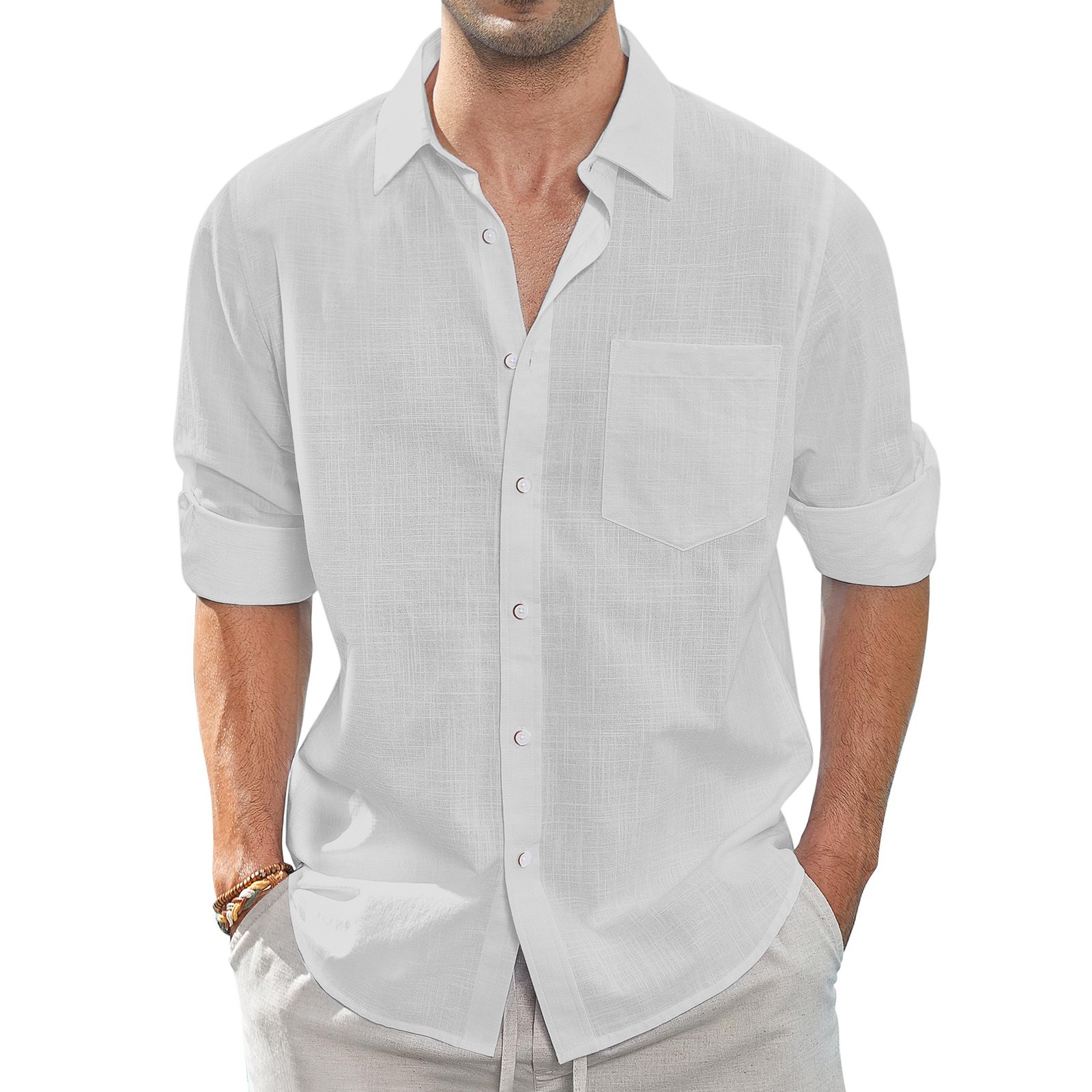 Dwelliawo Linen Shirt Men Lightweight Fashion Dress Shirt Summer Cotton ...