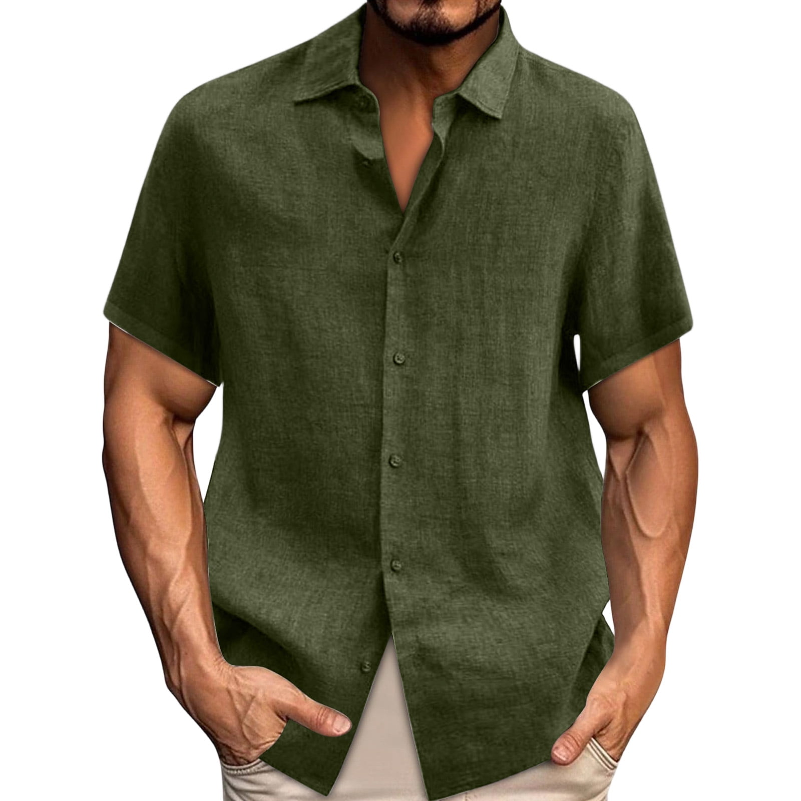 Dwelliawo Linen Shirt for Men Short Sleeve Button Down Shirt Casual ...