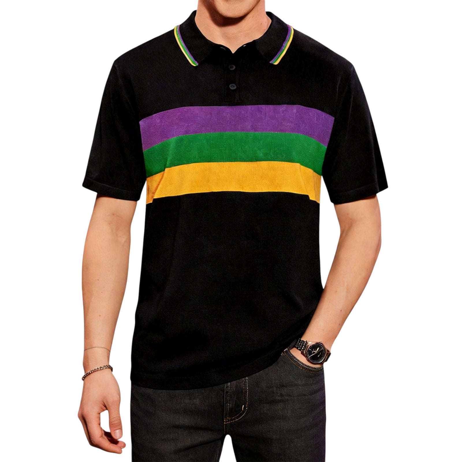 Dwelliawo Mardi Gras Print Men's Striped Polo Carnival Shirts Classic ...