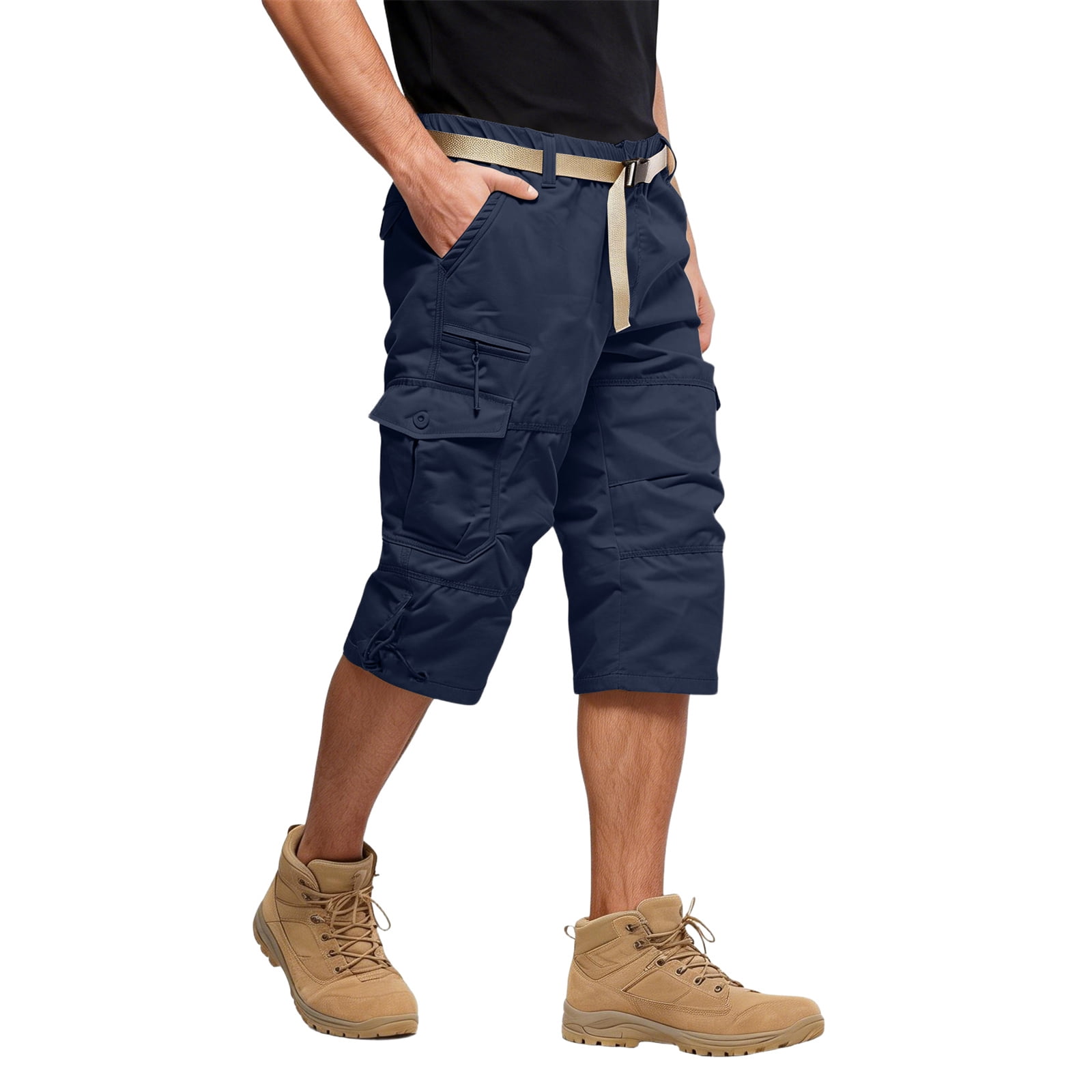 Dwelliawo Men's Capri Long Elastic Cargo Shorts Casual Capri 3/4 Pants ...