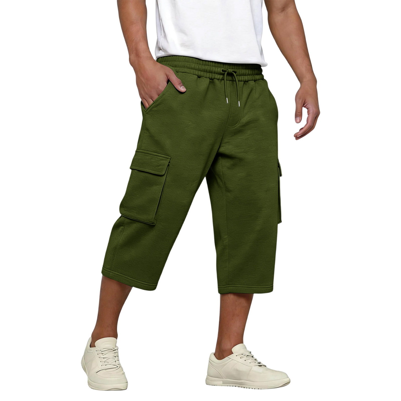 Dwelliawo Men's Cargo Shorts Summer Elastic Waist 3/4 Pants Long Below ...