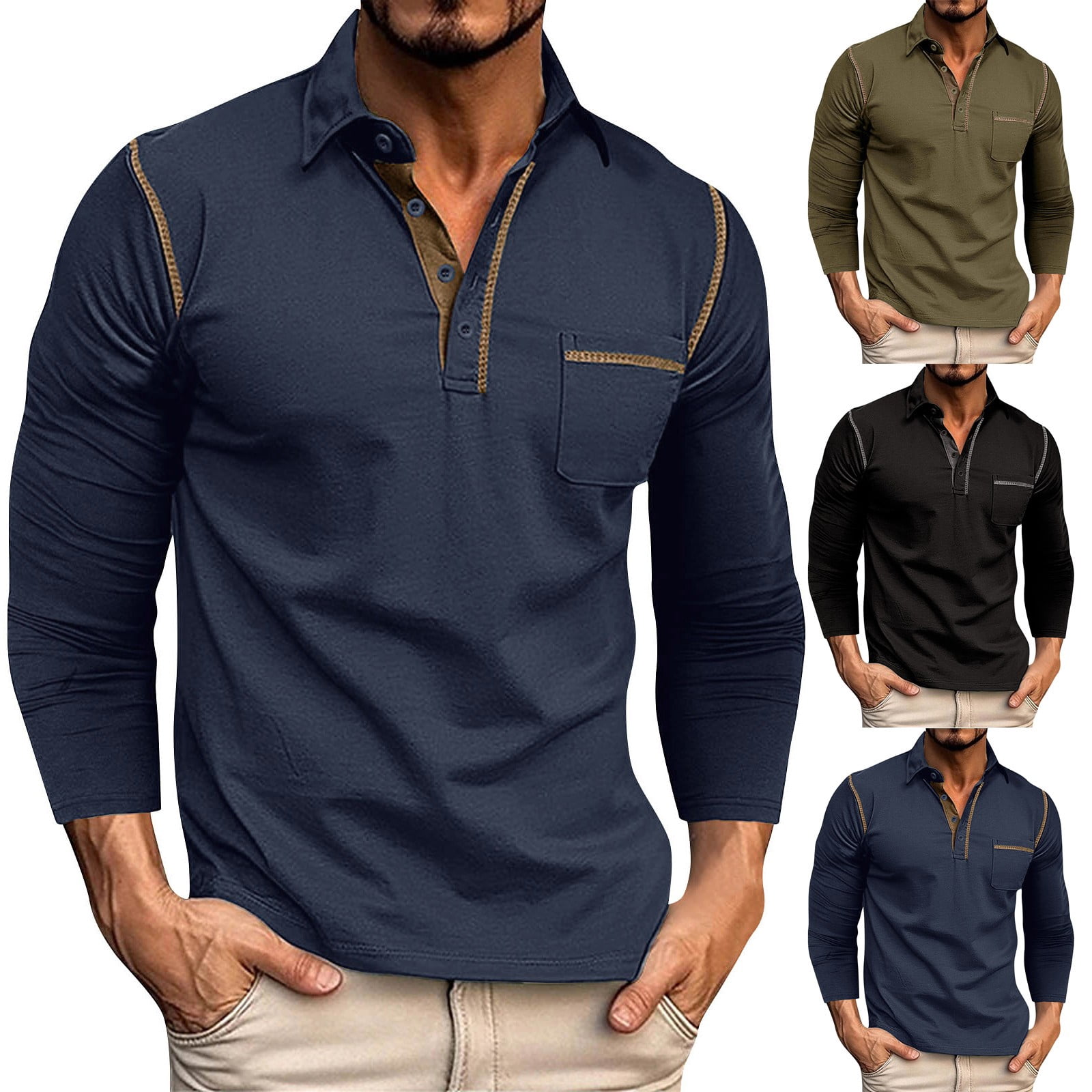Dwelliawo Men's Casual Polo Shirts Basic Button Classic Long Sleeve ...