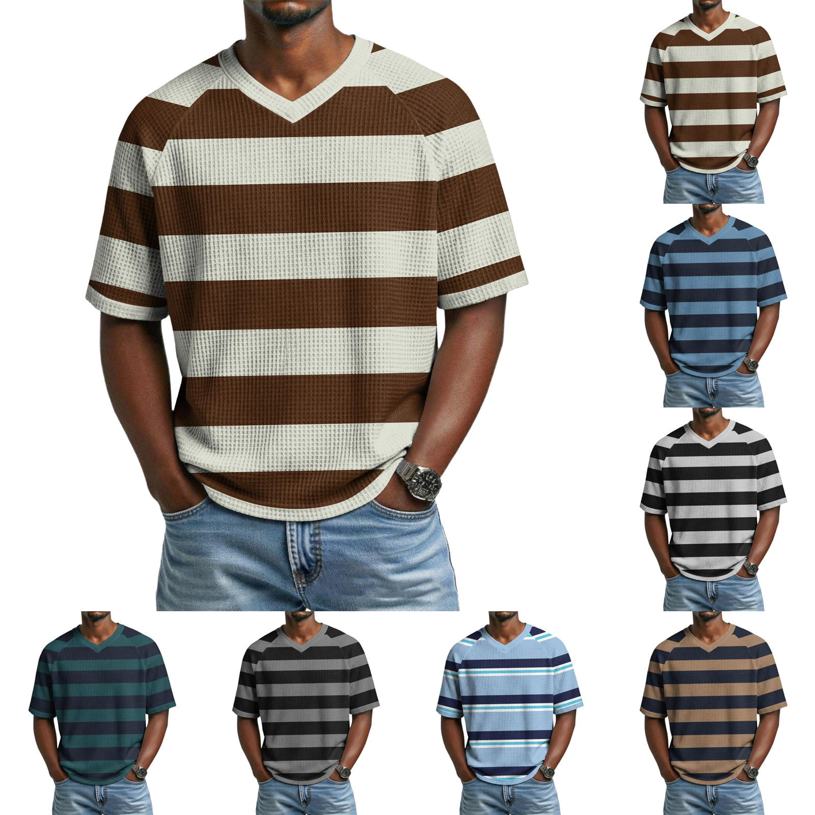 Dwelliawo Men's Waffle T-Shirt V neck Striped Basic Shirts Casual Short ...