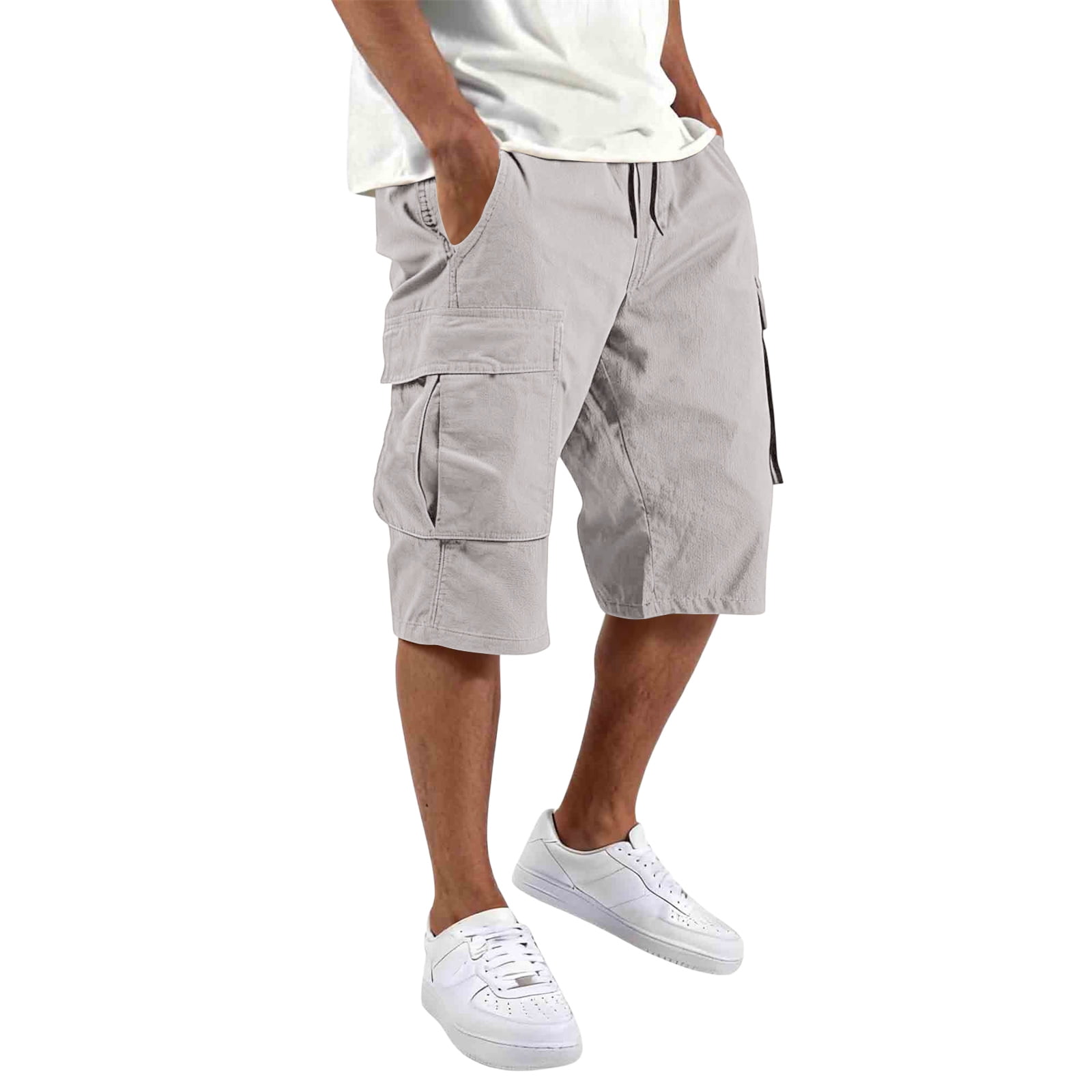 Dwelliawo Mens Capri Pants Cargo Elastic Waist Shorts Multi-Pockets ...