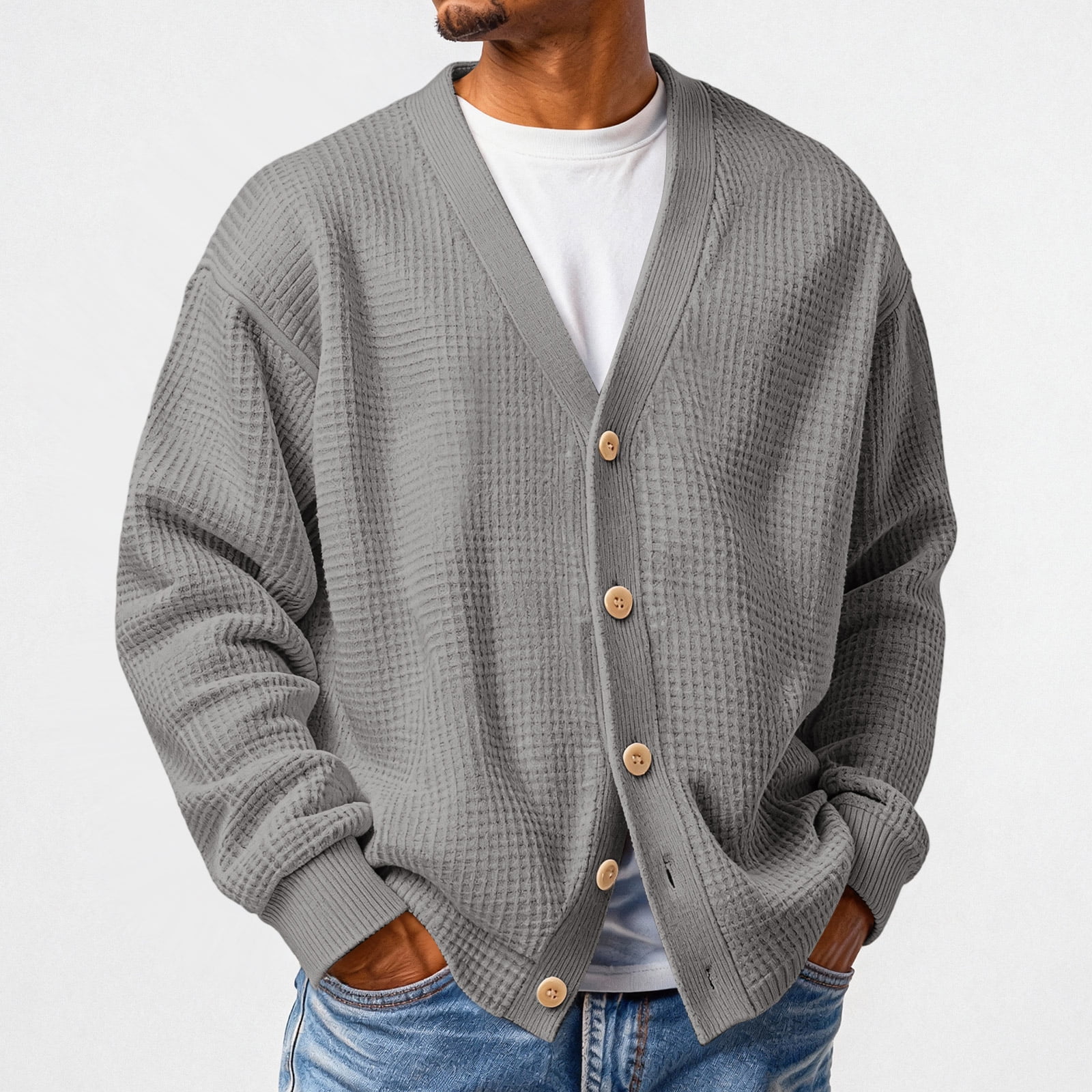 Dwelliawo Mens Cardigan Sweater Waffle Textured Long Sleeve Cardigan ...