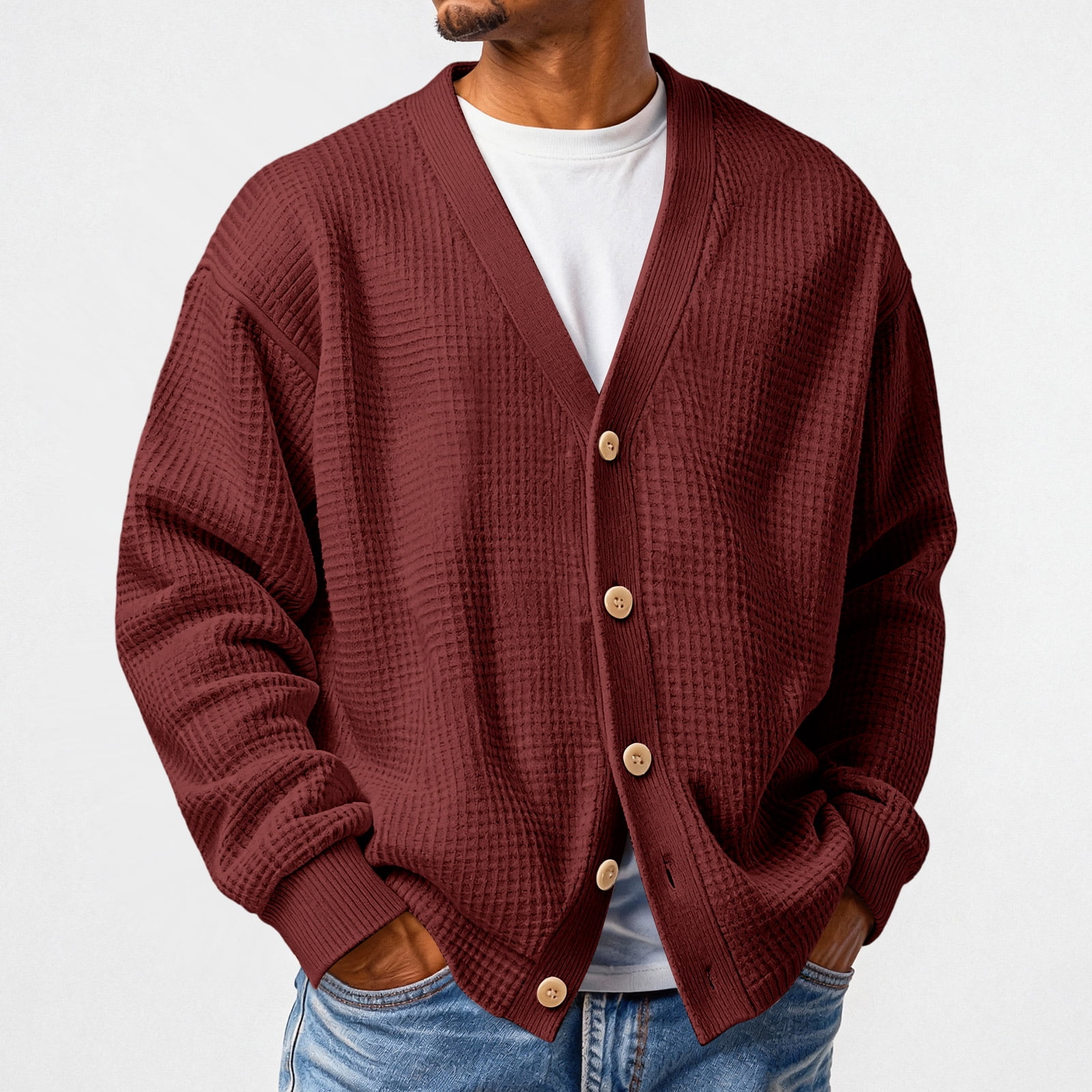 Dwelliawo Mens Cardigan Sweater Waffle Textured V Neck Cardigan Sweater ...