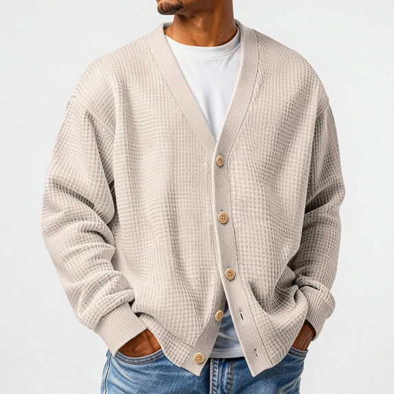 Dwelliawo Mens Cardigan Sweater Waffle Textured V Neck Cardigan Sweater ...