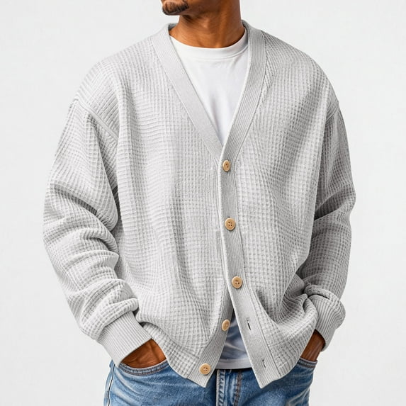 Dwelliawo Mens Cardigan Sweater Waffle Textured V Neck Cardigan Sweater ...