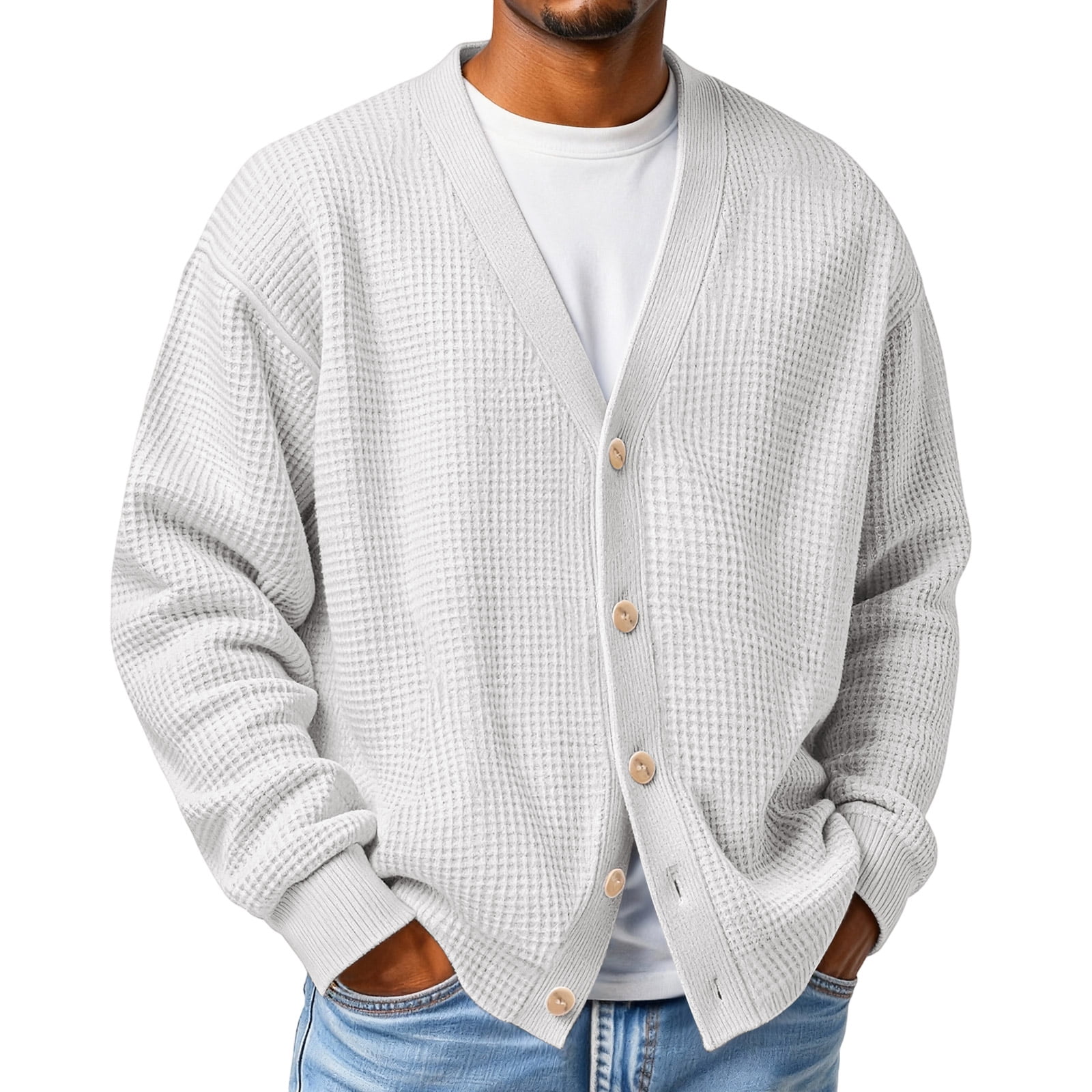 Dwelliawo Mens Cardigan Waffle Knit V Neck Sweater Fall Spring Comfort ...