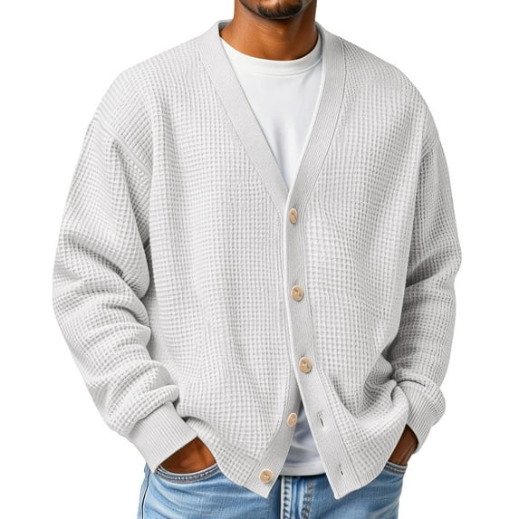Dwelliawo Mens Cardigan Waffle Knit V Neck Sweater Fall Spring Comfort ...