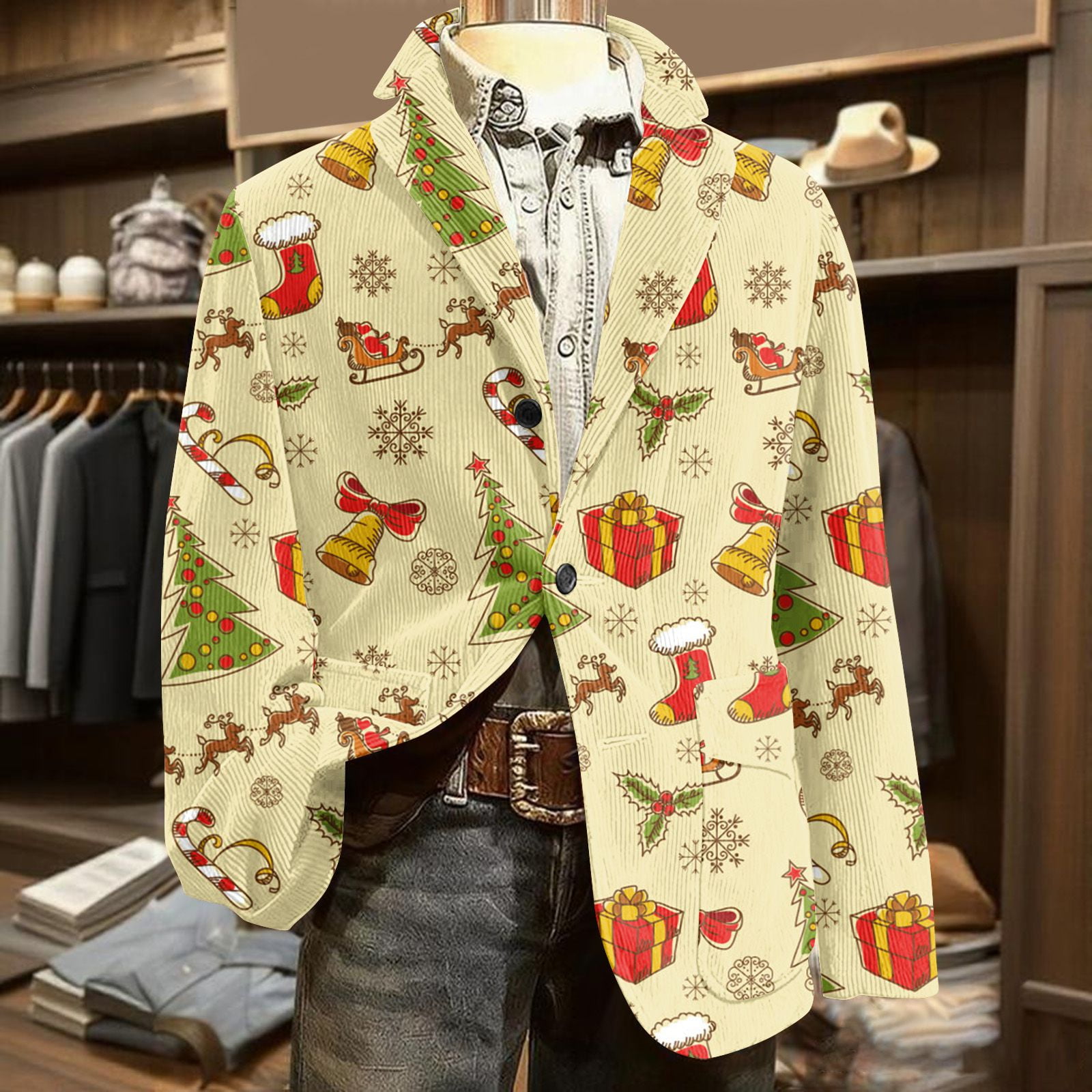 Dwelliawo Mens Christmas Blazers Tree Print Xmas Print Suit One Button ...