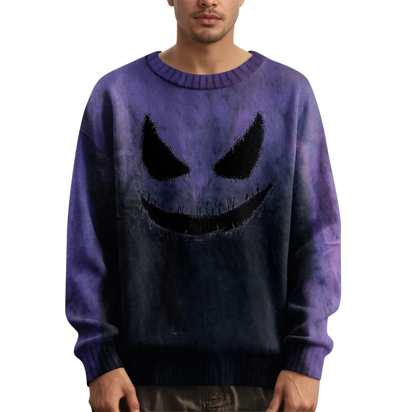 Dwelliawo Mens Halloween Sweater Pumpkin Spooky Face Sweaters Patchwork ...