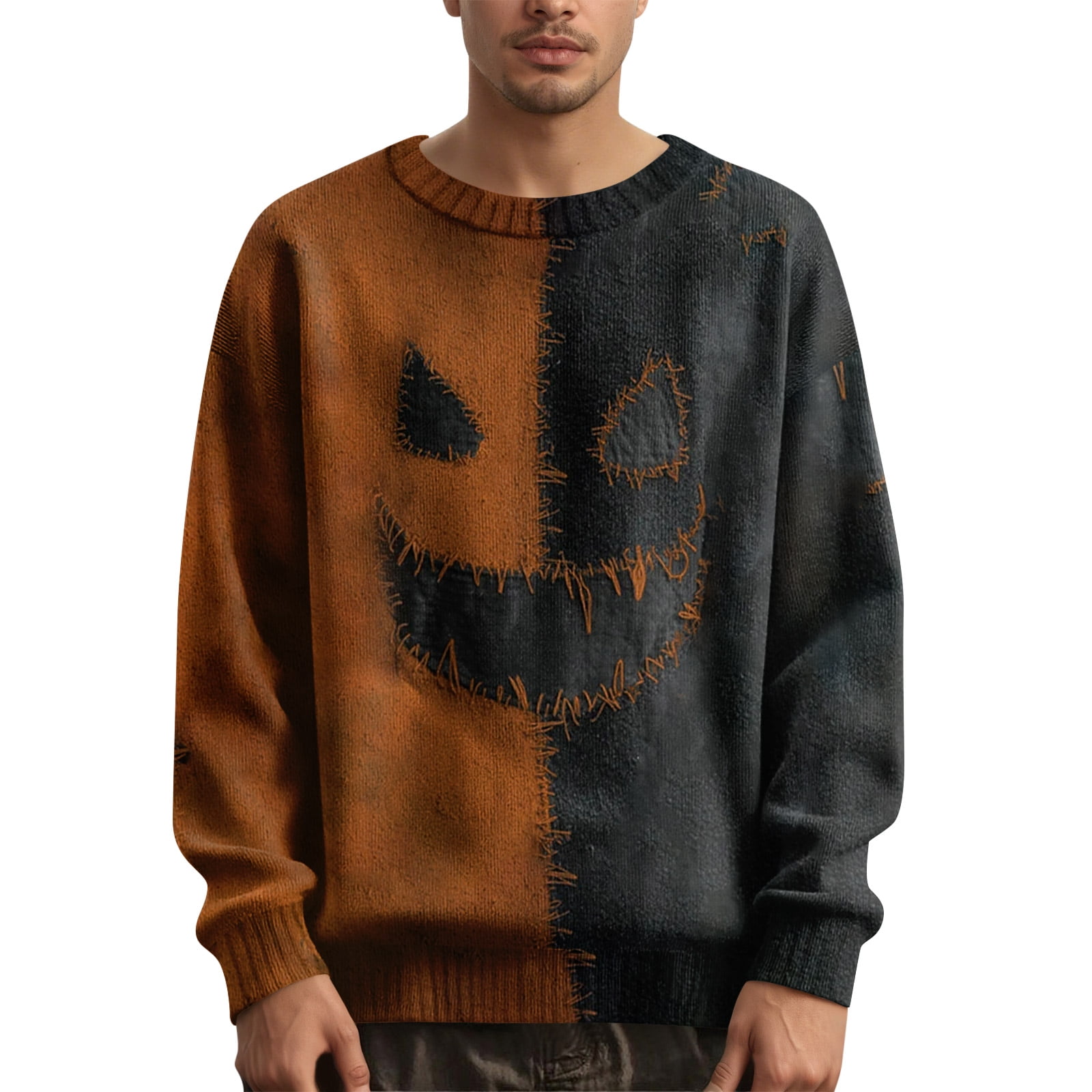Dwelliawo Mens Halloween Sweater Pumpkin Spooky Face Sweaters Patchwork ...