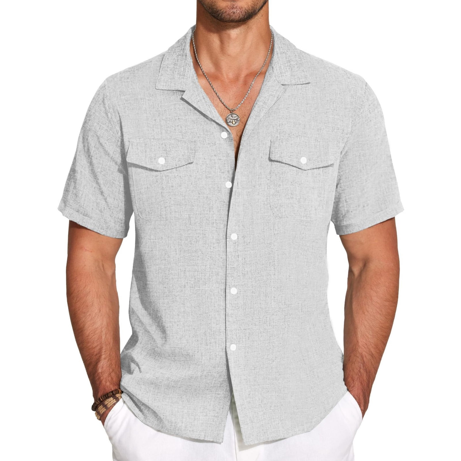 Dwelliawo Mens Linen Shirt Casual Business Dress Shirt Summer Cotton ...