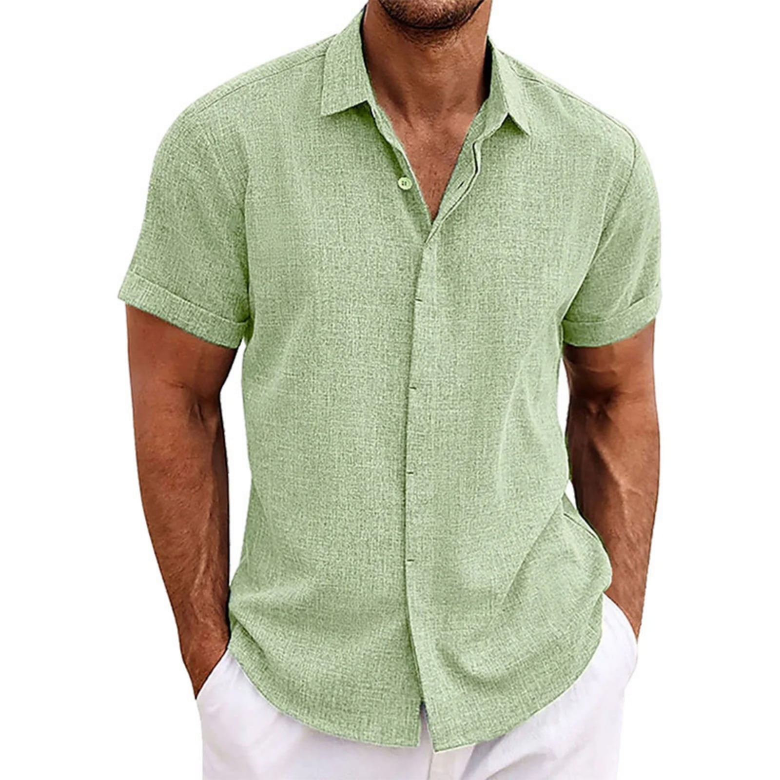 Dwelliawo Mens Linen Shirt Lightweight Beach Dress Shirt Short Sleeve ...