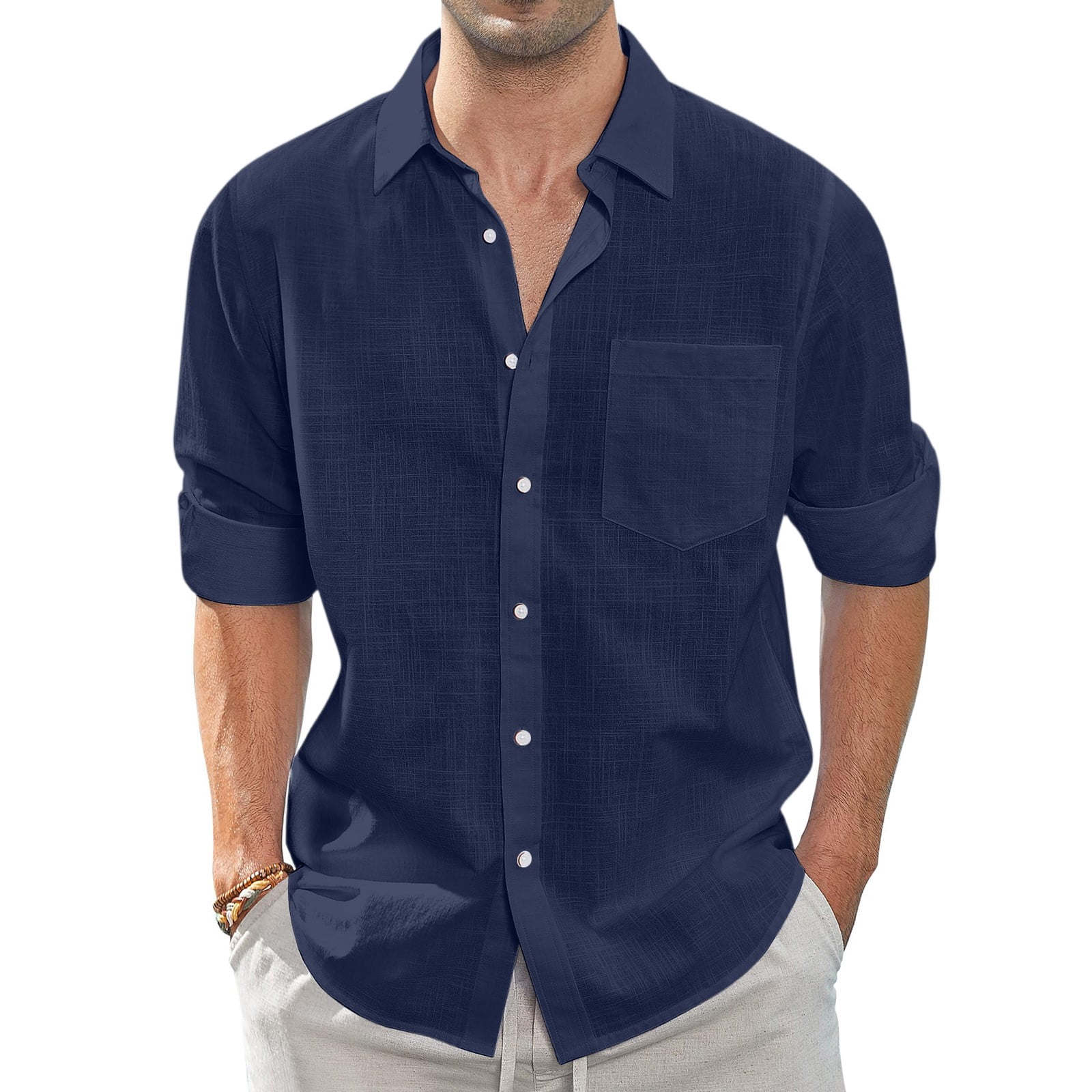 Dwelliawo Mens Linen Shirt Lightweight Fashion Dress Shirt Fall Cotton ...