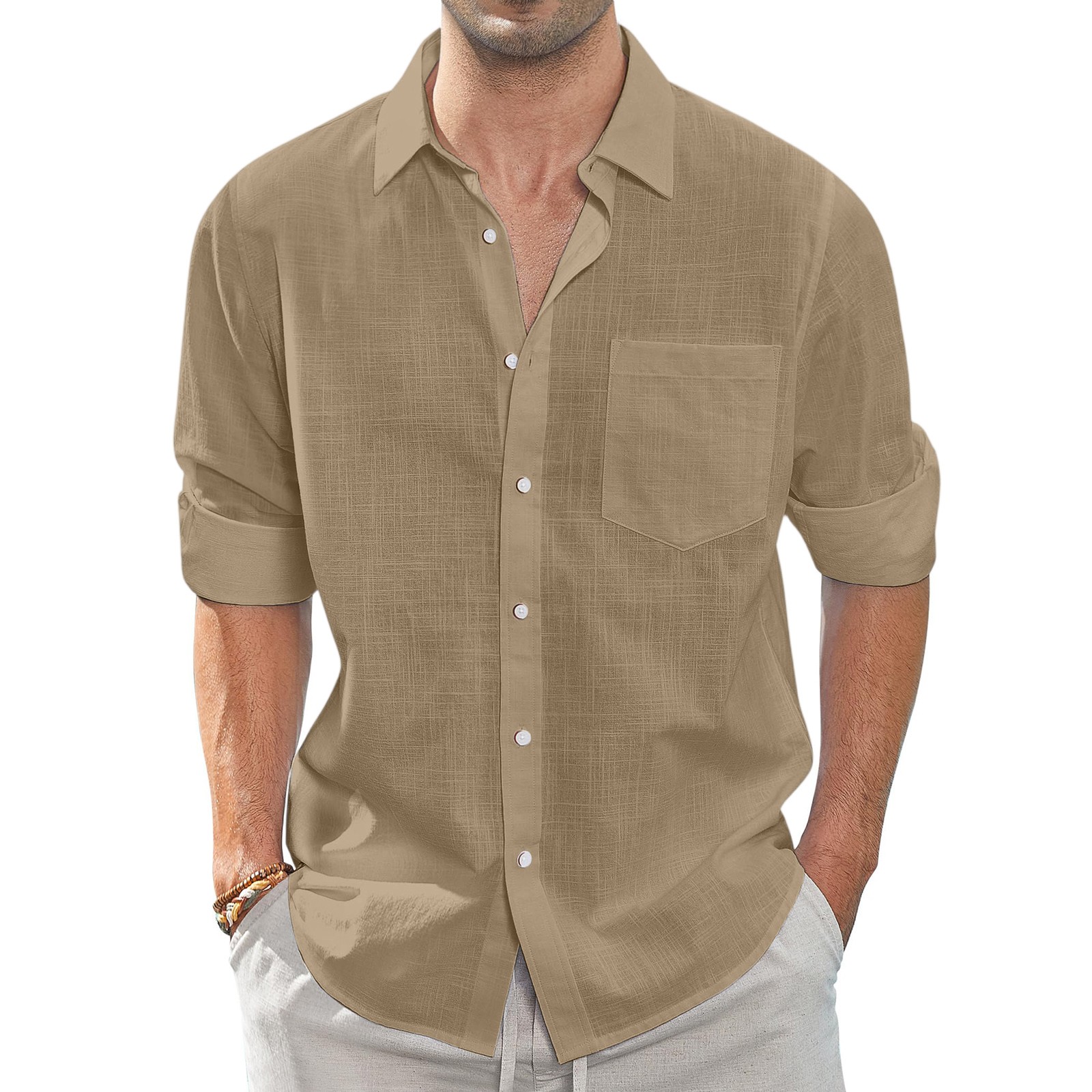 Dwelliawo Mens Linen Shirt Long Sleeve Button Down Shirts Lightweight ...