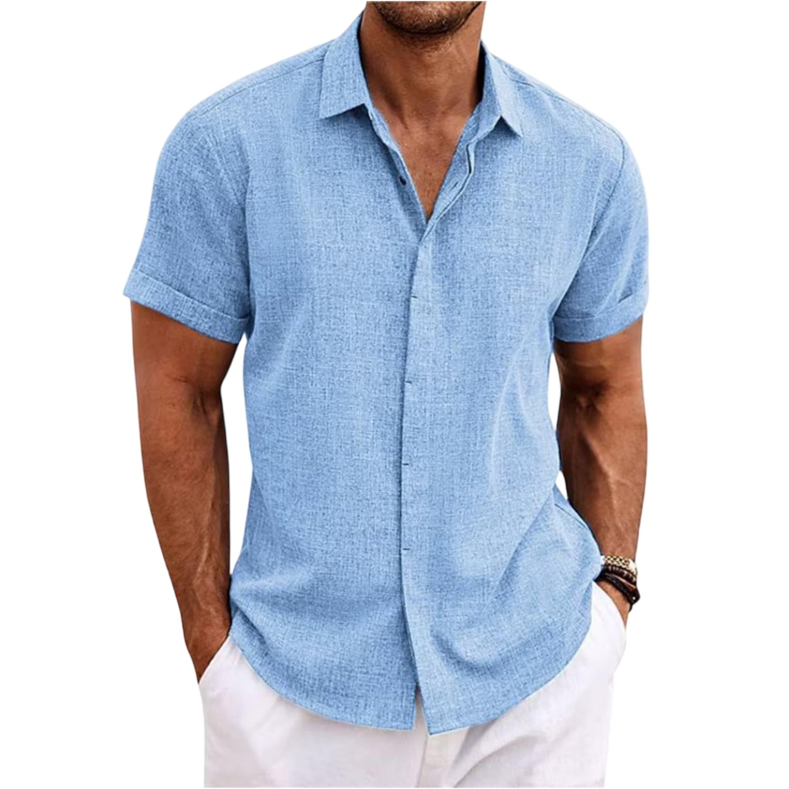 Dwelliawo Mens Linen Shirt Short Sleeve Button Down Shirt Lightweight ...