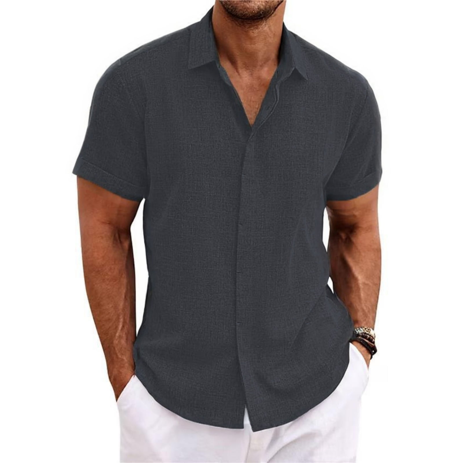 Dwelliawo Mens Linen Shirt Short Sleeve Button Down Shirts Casual ...