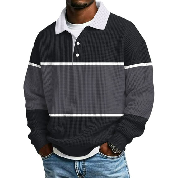 Dwelliawo Mens Long Sleeve Polo Shirts Golf Color Block Waffle Shirts ...