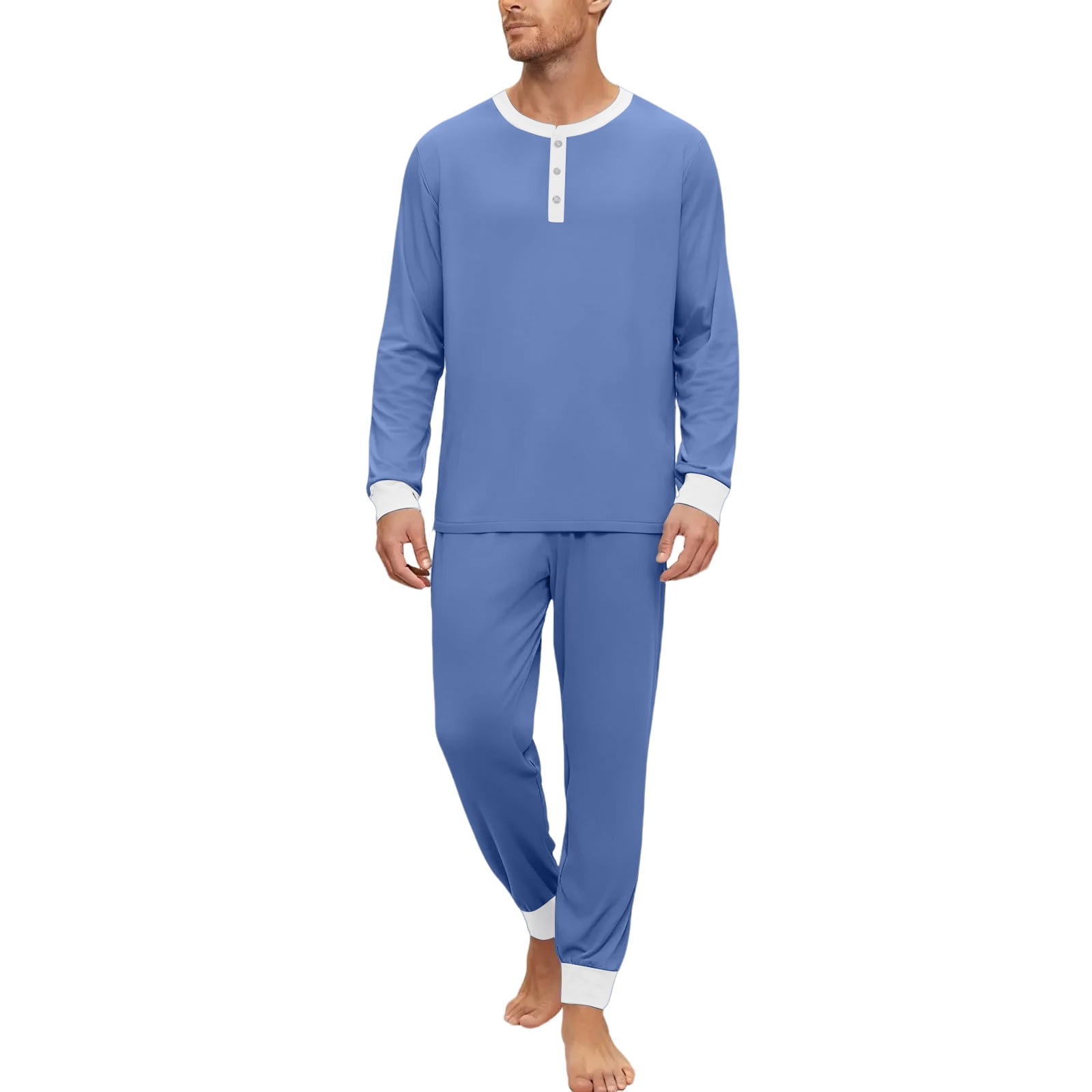 Dwelliawo Mens Pajamas Set 2 Piece Henley Neck Long Sleeve Shirts and ...