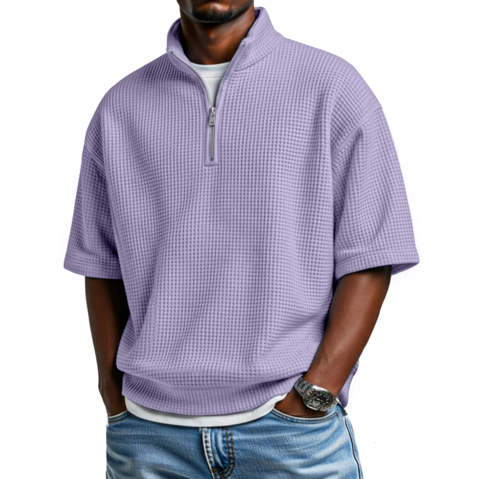 Dwelliawo Mens Short Sleeve Polo Shirts Golf Oversized Stand Collar ...