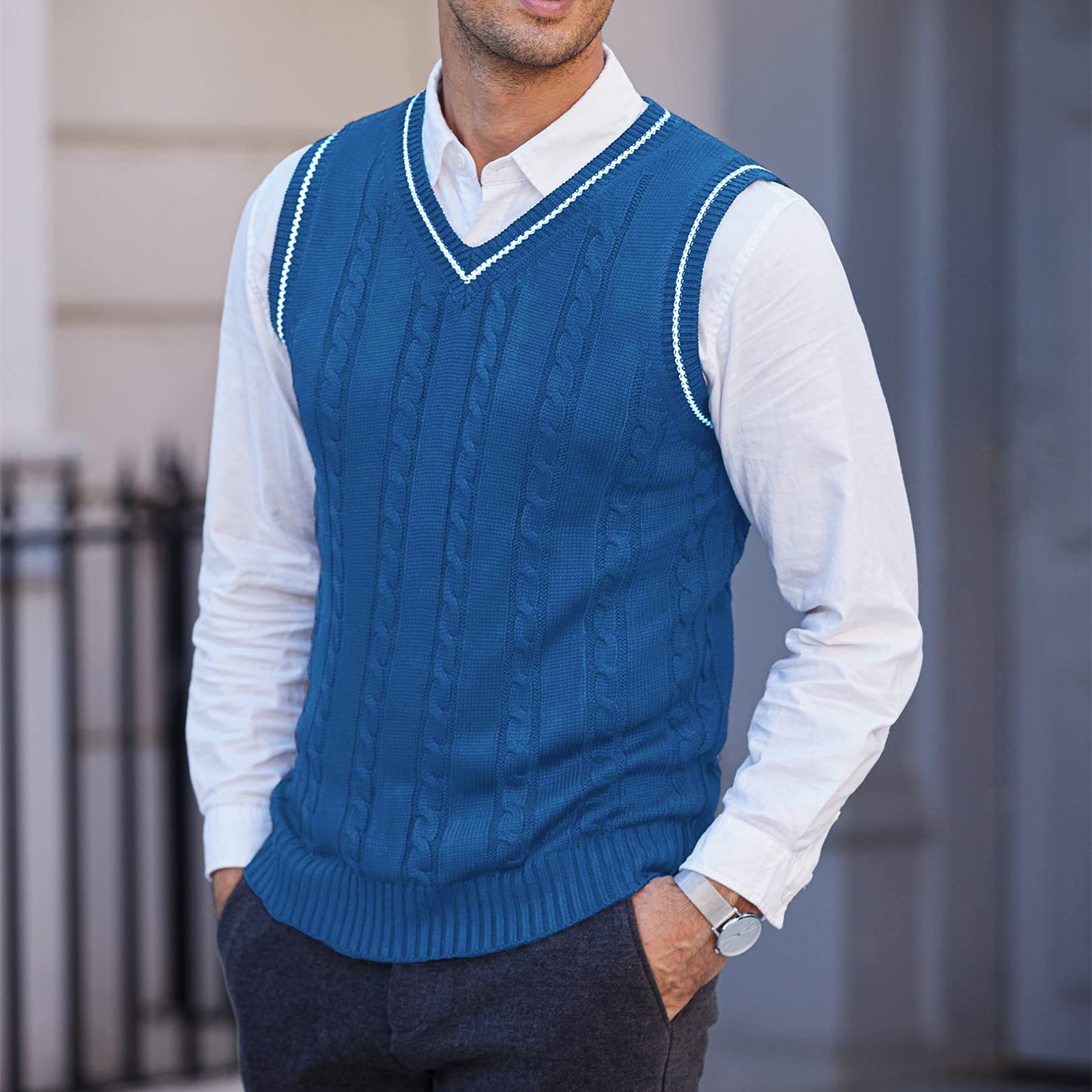 Dwelliawo Mens Sweater Vest Business V Neck Sleeveless Sweater Formal ...