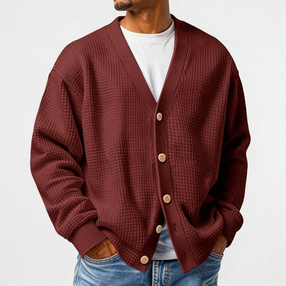 Dwelliawo Mens Waffle Textured Cardigan Sweater Waffle Knit V Neck ...